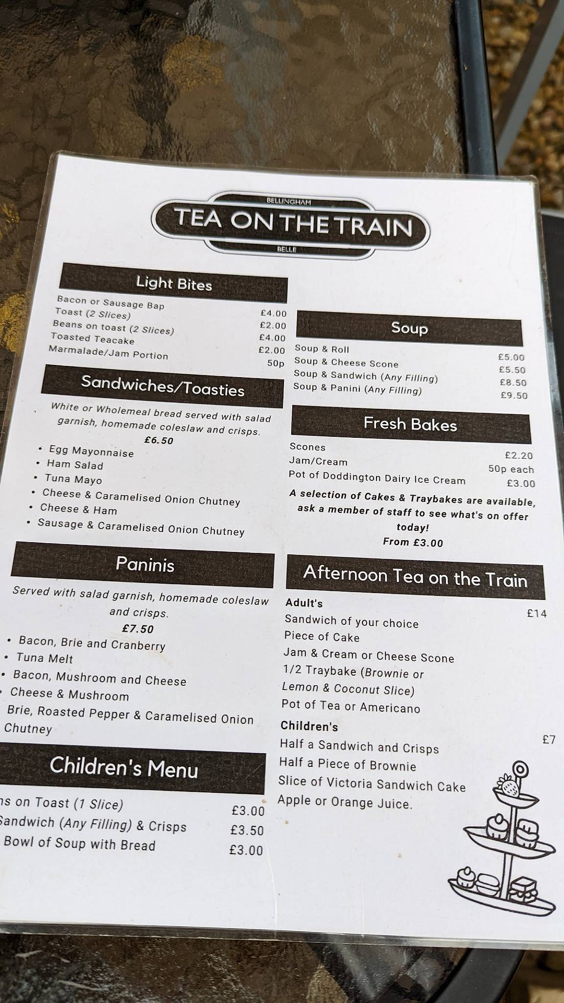 Menu at Tea on the Train restaurant, Bellingham