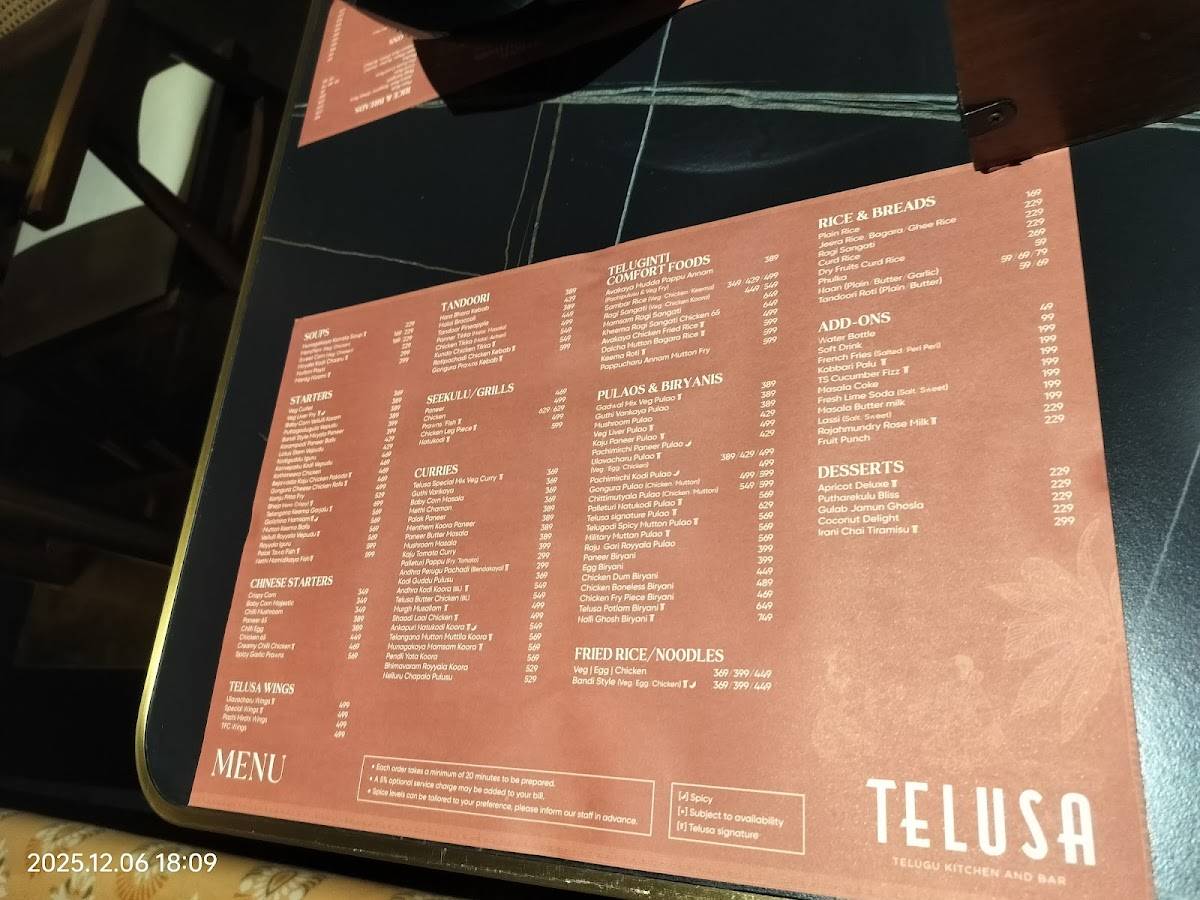 Menu at Telusa Telugu Kitchen and Bar, Hyderabad