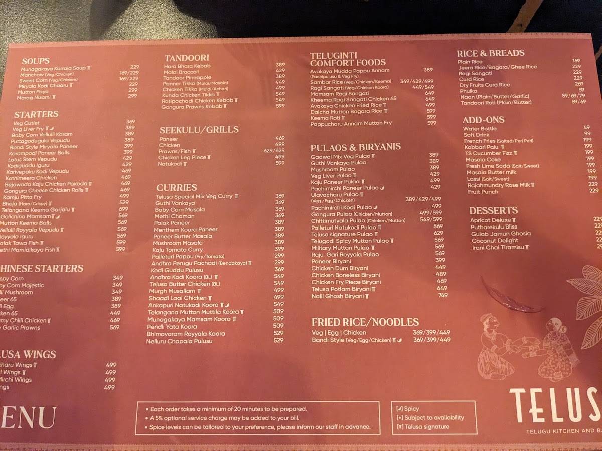 Menu at Telusa Telugu Kitchen and Bar, Hyderabad