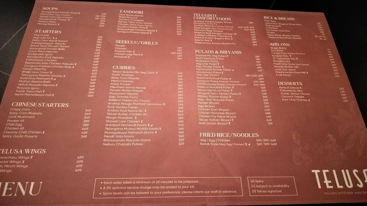 Menu at Telusa Telugu Kitchen and Bar, Hyderabad
