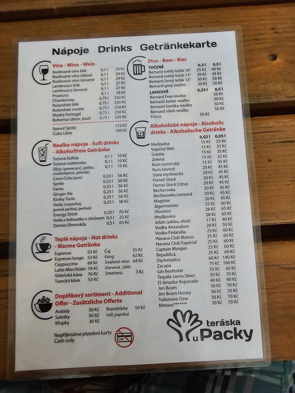 Carta del pub y bar Teráska u Packy, Humpolec