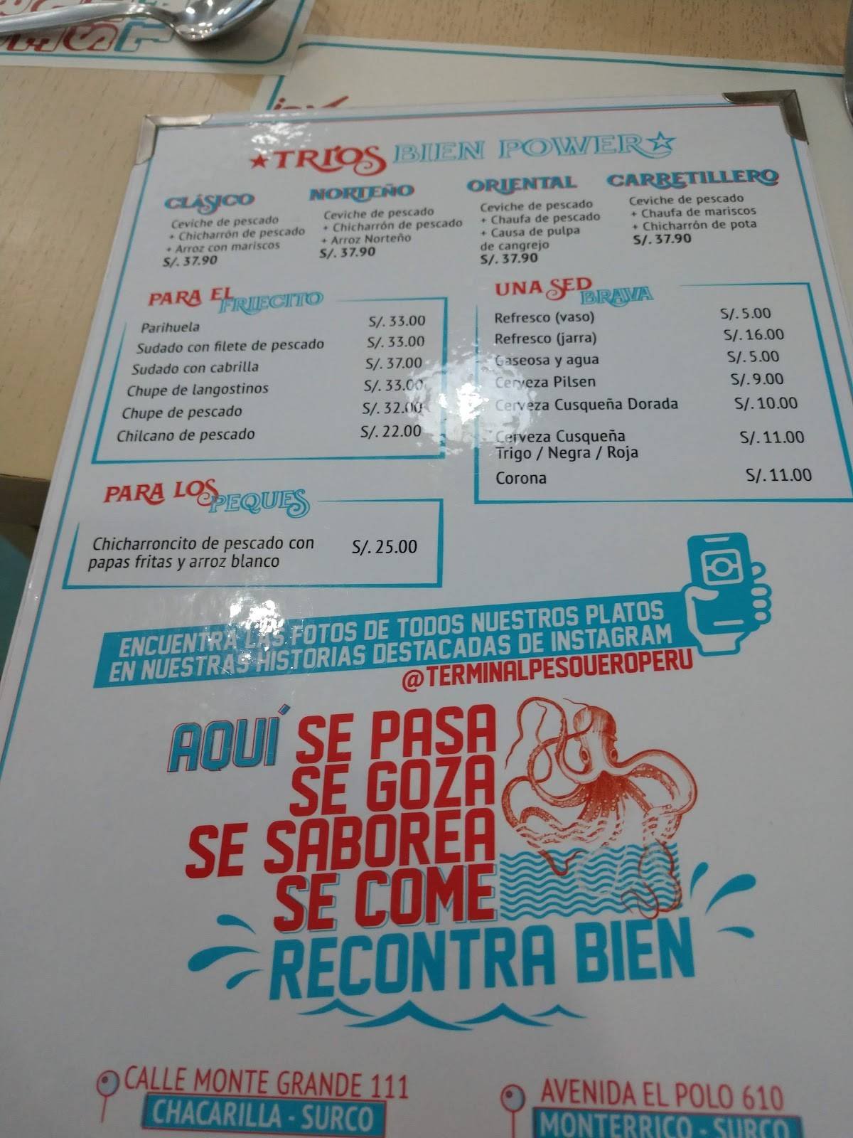Carta del restaurante Terminal Pesquero Cevichería Chacarilla, Lima