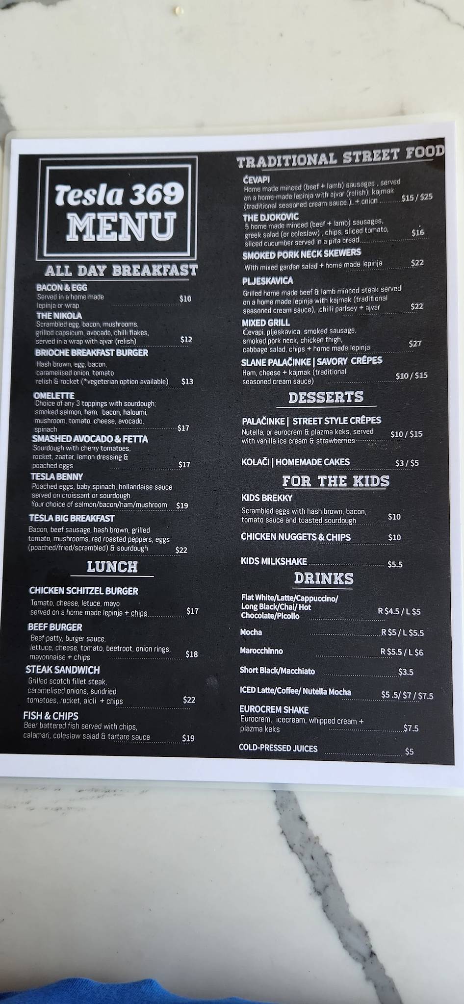 Menu at Tesla 369 restaurant, Mount Pritchard