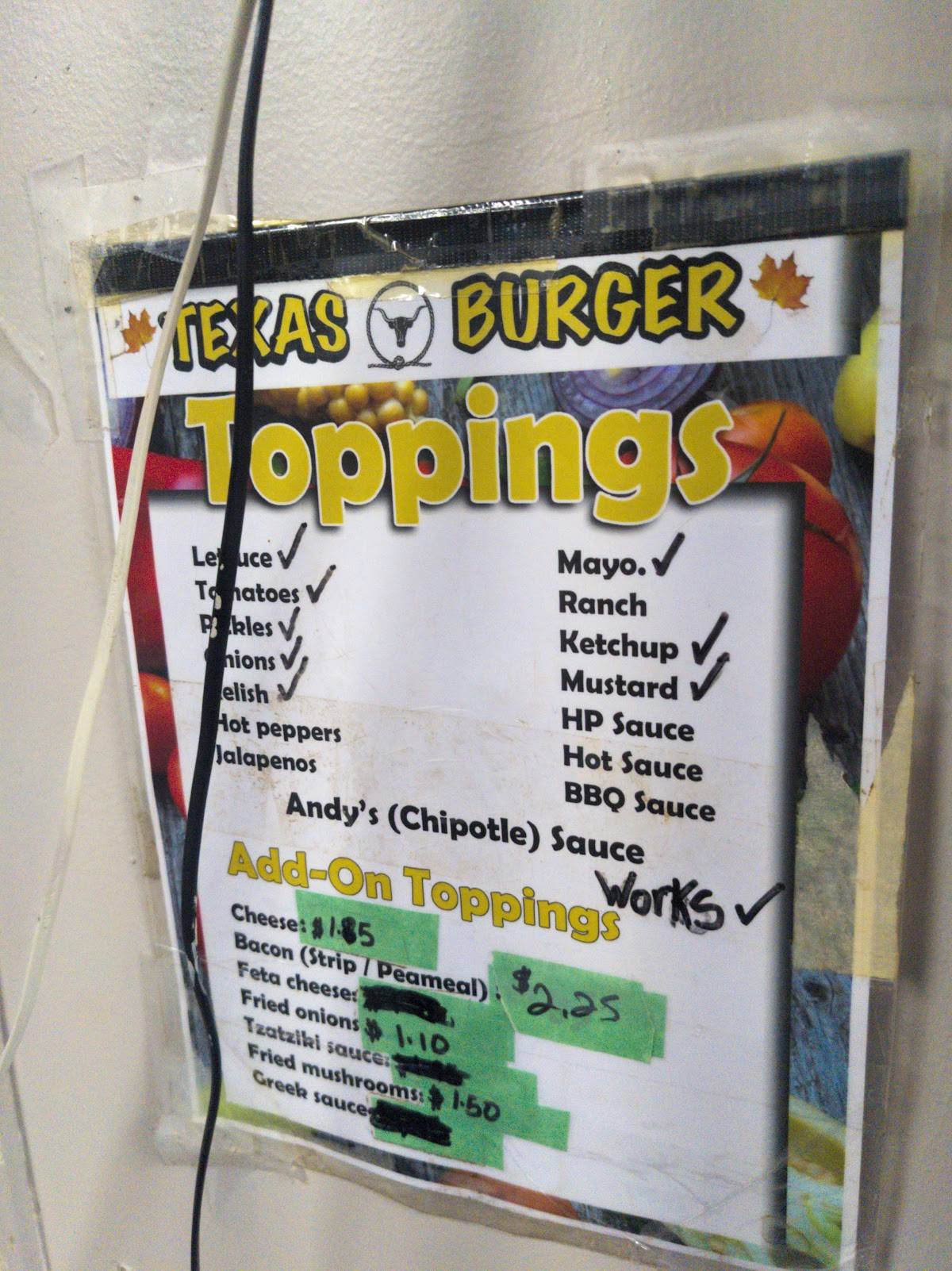 Menu at Texas Burger Omemee fast food, Kawartha Lakes