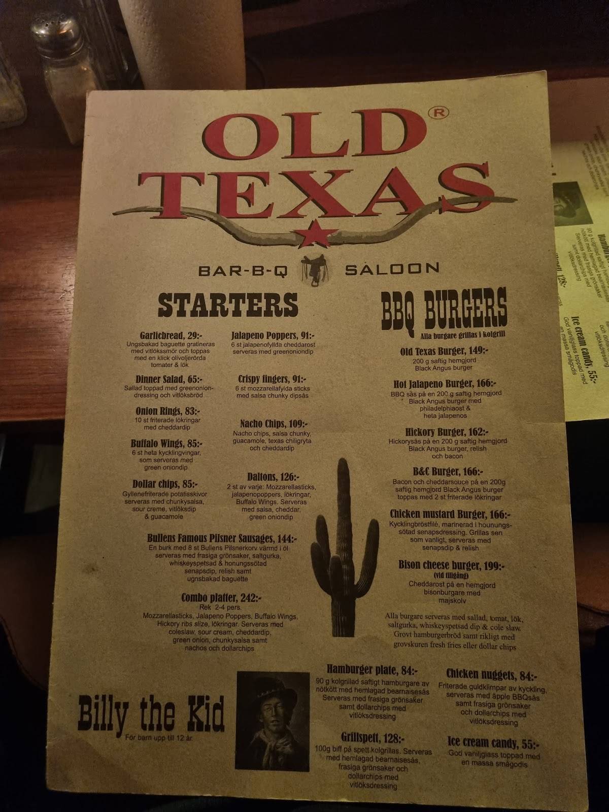 Menu at Texas Saloon restaurant, Hudiksvall