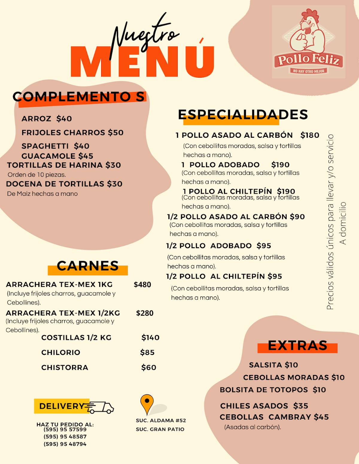 Carta del restaurante Pollo Feliz, Texcoco del Mora, C. Aldama 52