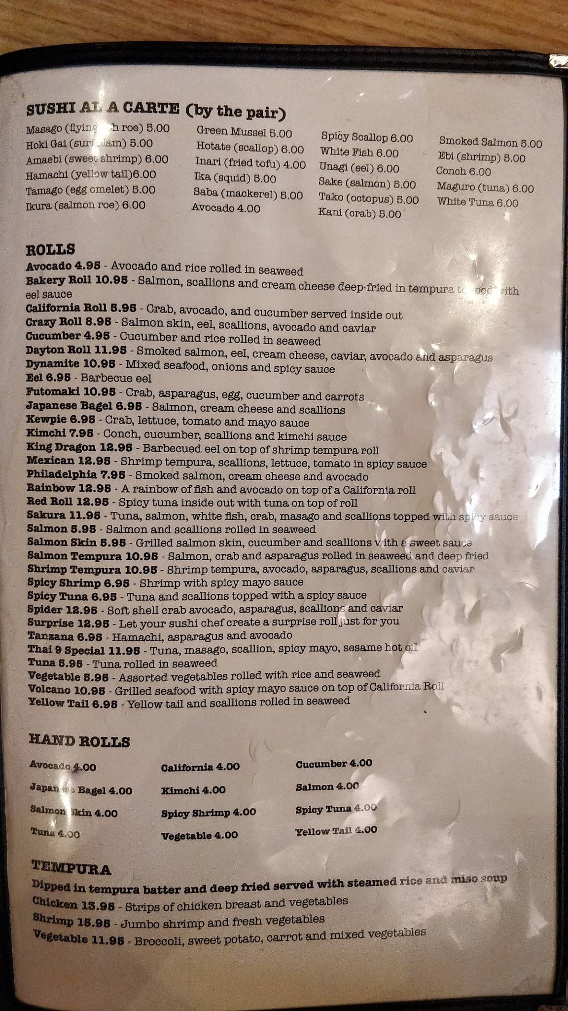 Menu at Thai 9 restaurant, Dayton