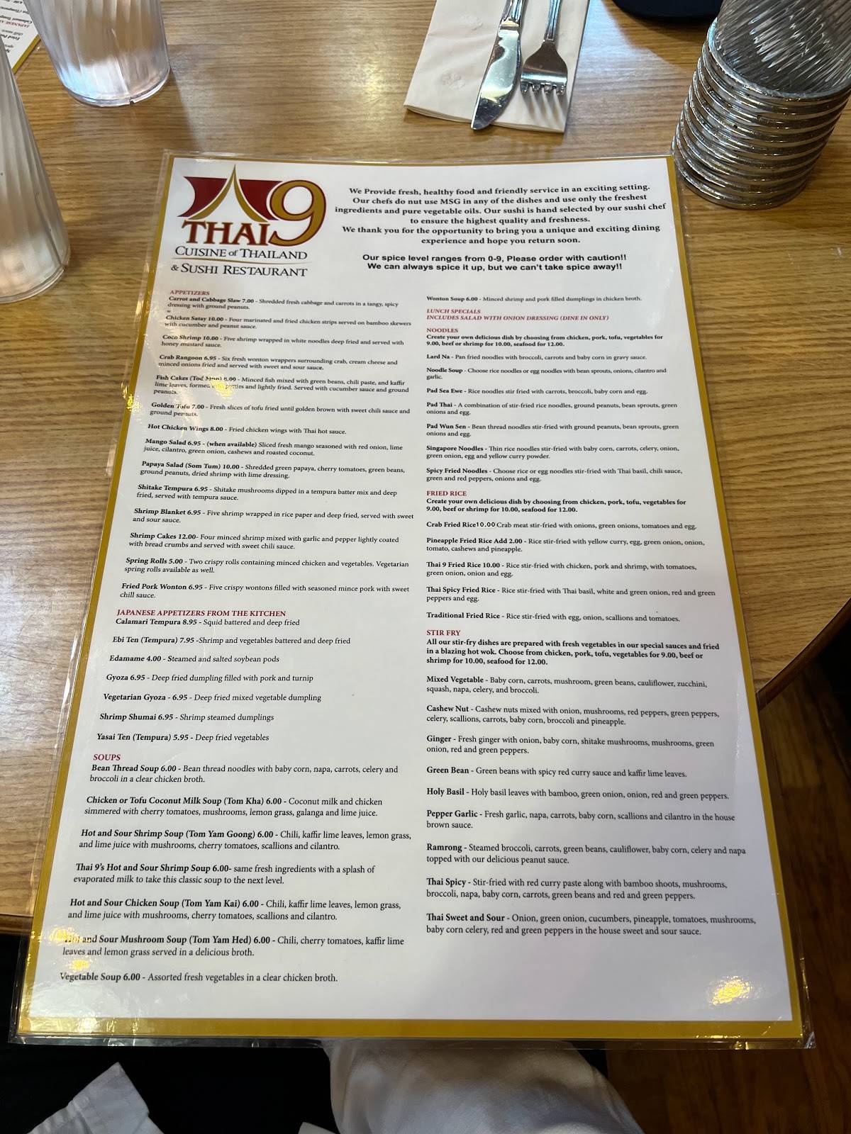 Menu at Thai 9 restaurant, Dayton