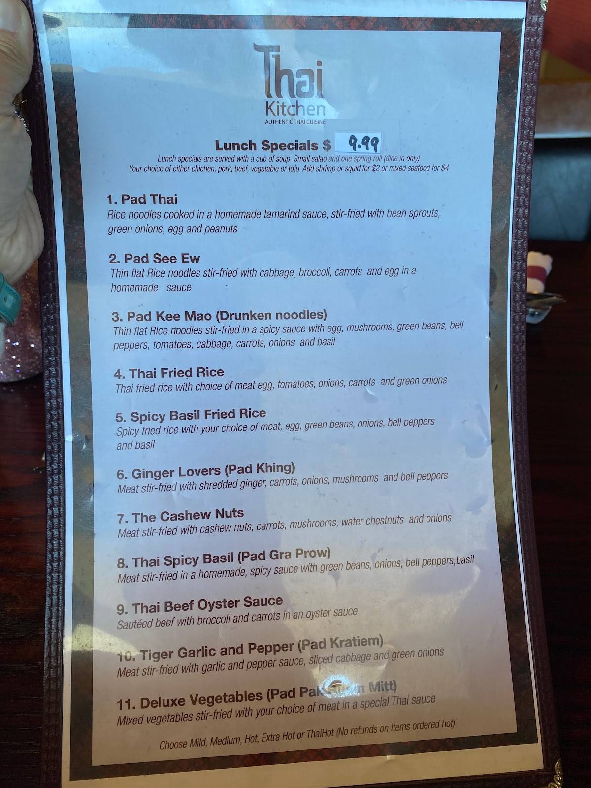 Menu at Thai Kitchen Restaurant, Fishers, Allisonville Rd