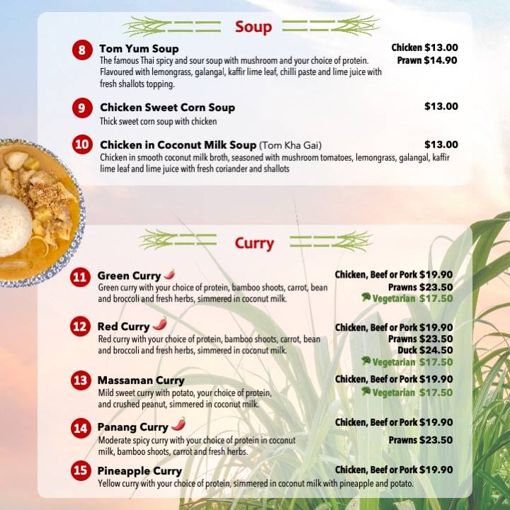 Menu at Thai Sugarcane Gordonvale Thai Restaurant, Gordonvale