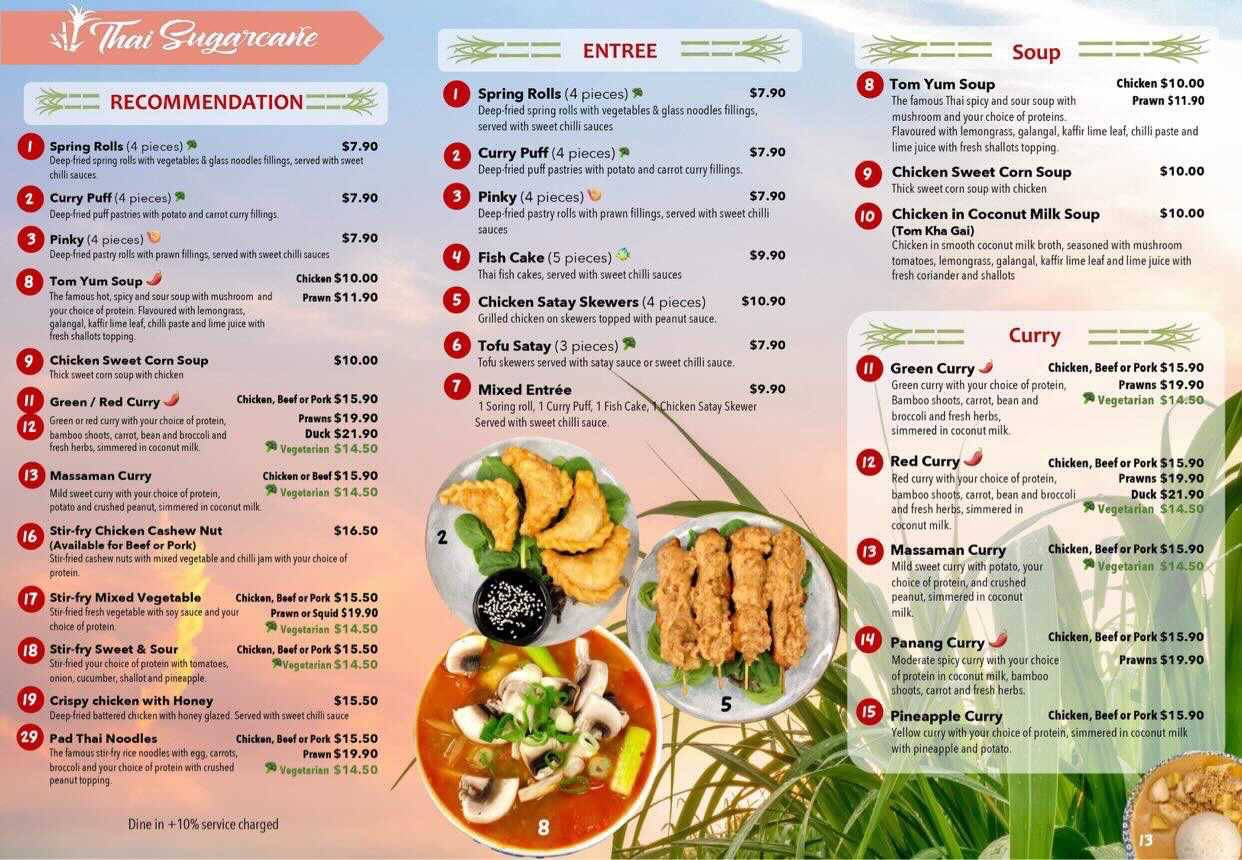 Menu at Thai Sugarcane Gordonvale Thai Restaurant, Gordonvale