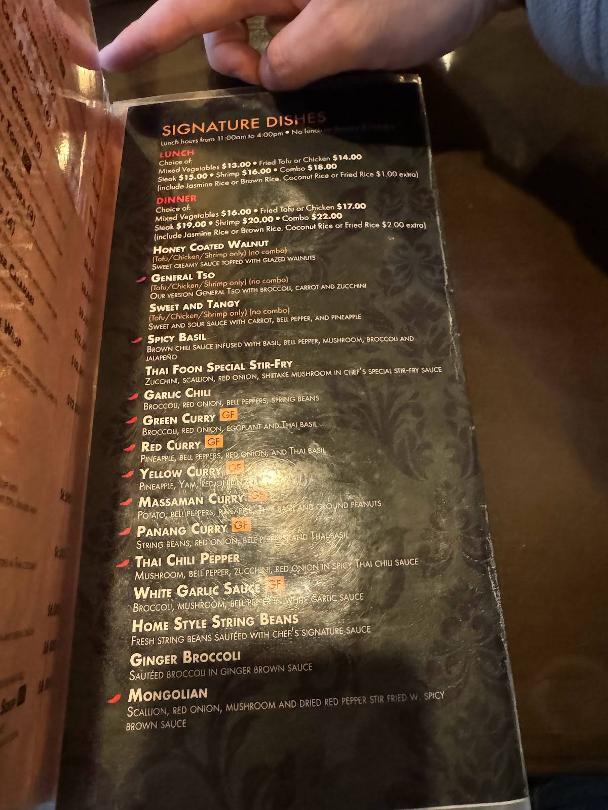 Menu at ThaiFoon Pittsburgh restaurant, Pittsburgh, Settlers Ridge ...