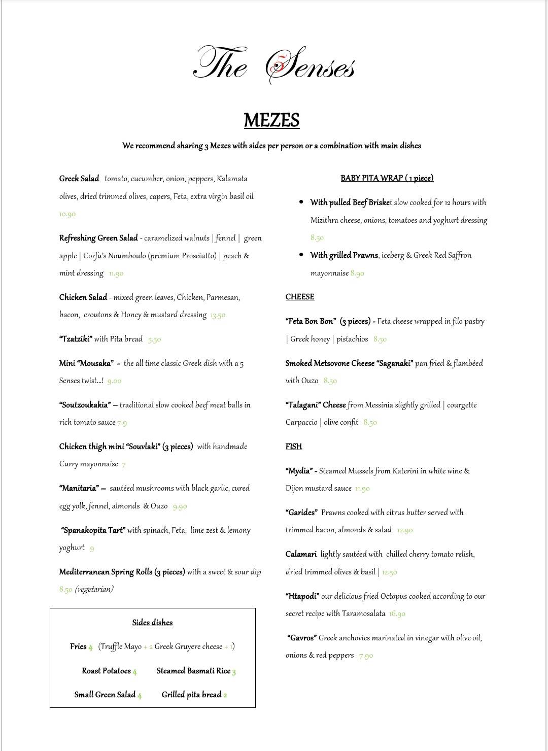 Menu at The 5 Senses, Parga