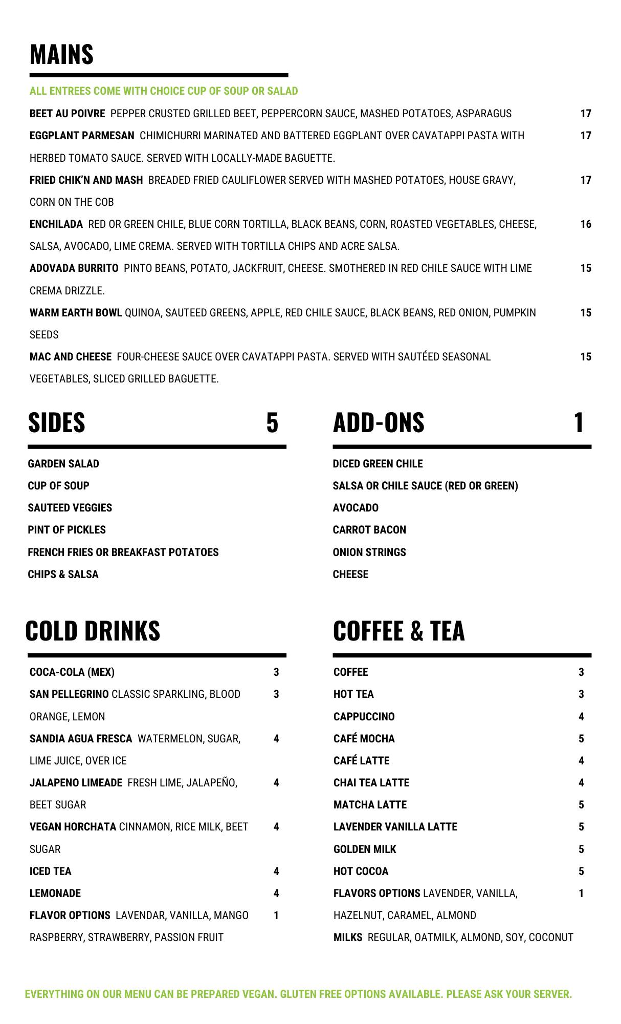 Menu at The Acre restaurant, Albuquerque