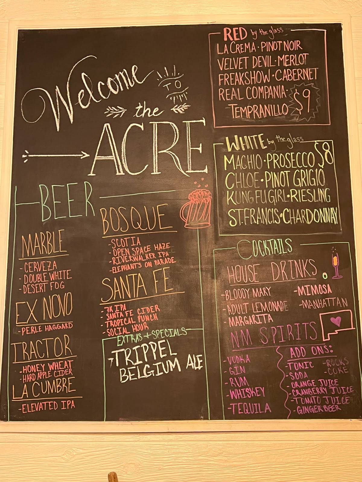 Menu at The Acre restaurant, Albuquerque