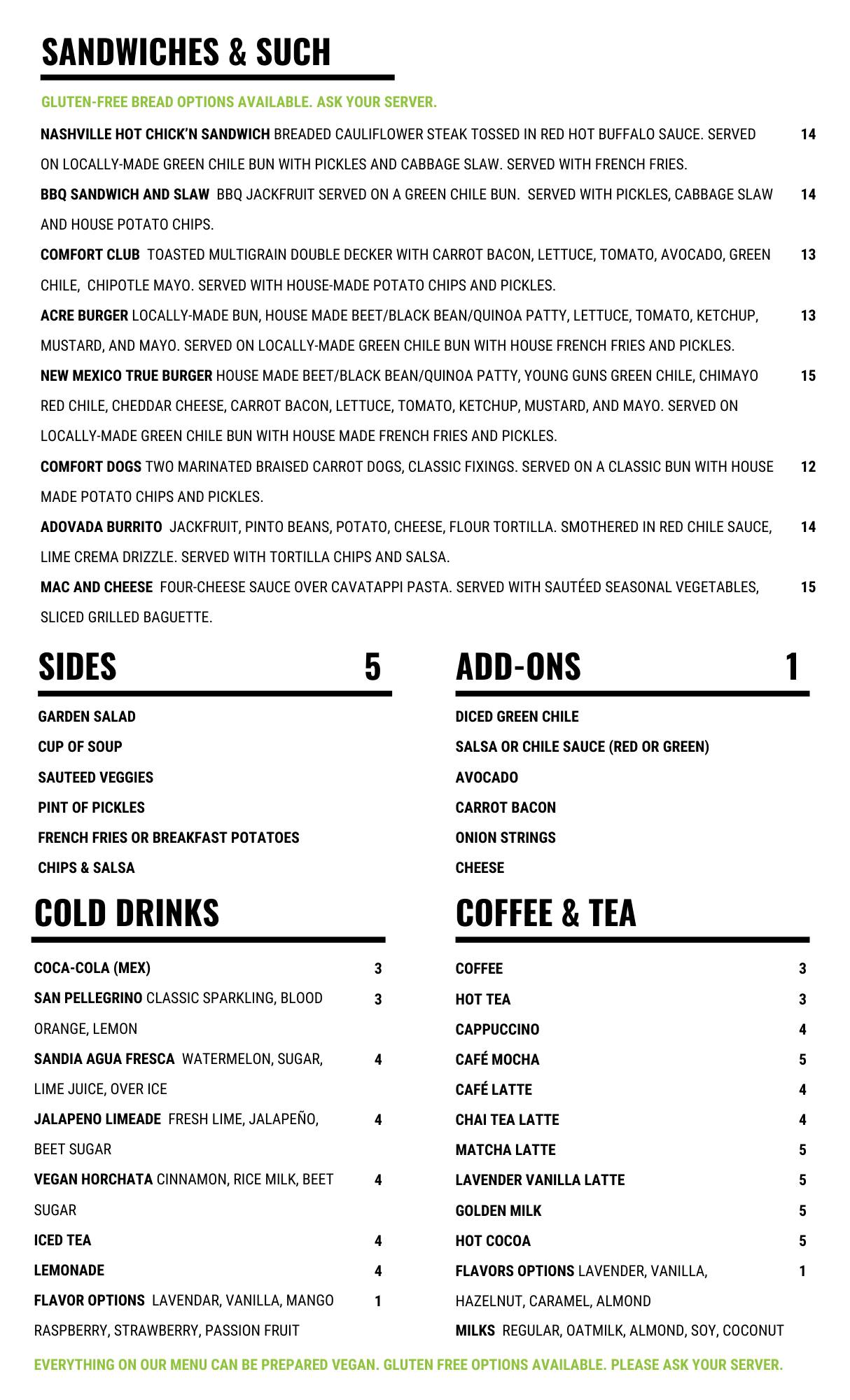 Menu at The Acre restaurant, Albuquerque