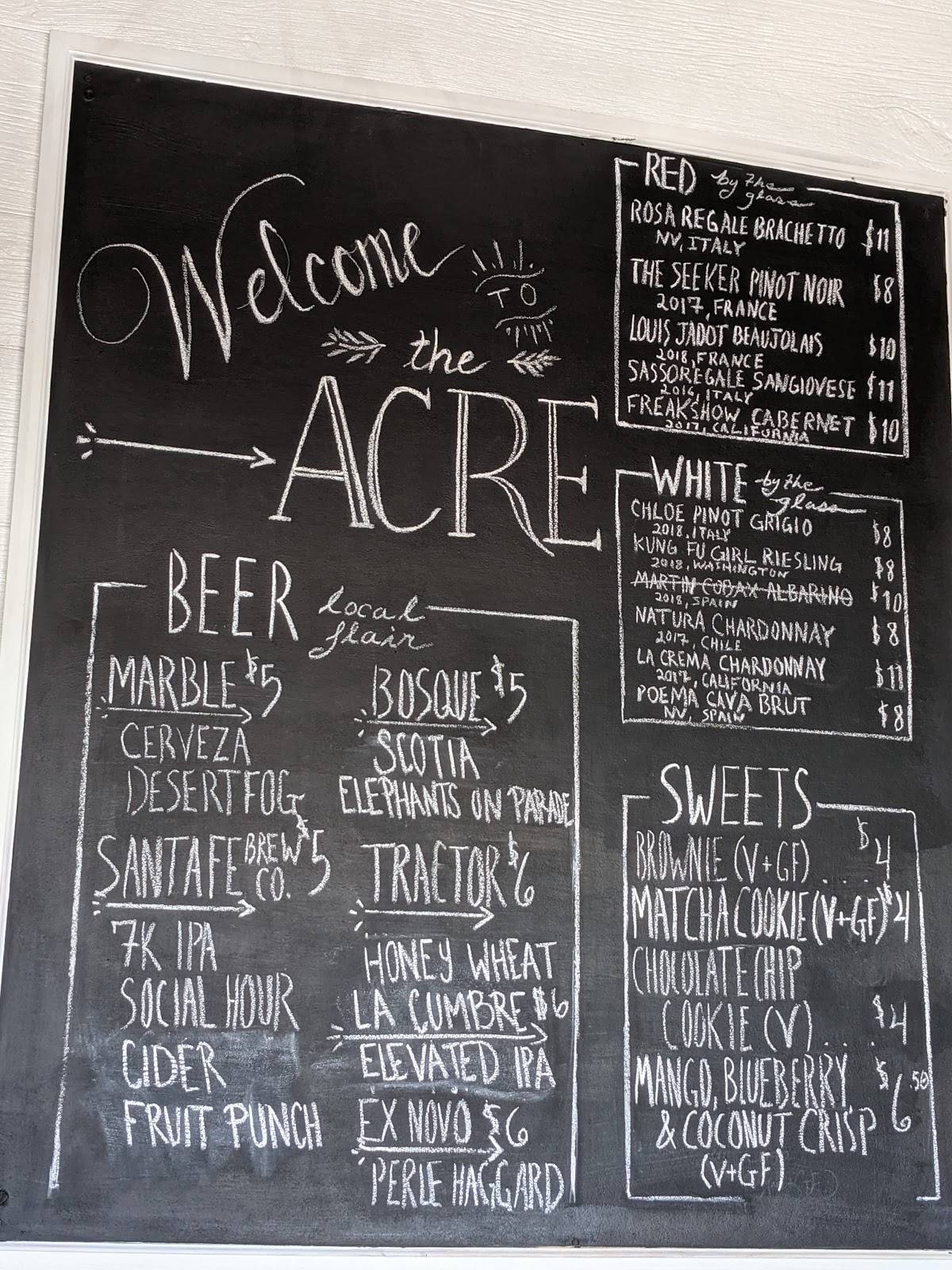 Menu at The Acre restaurant, Albuquerque