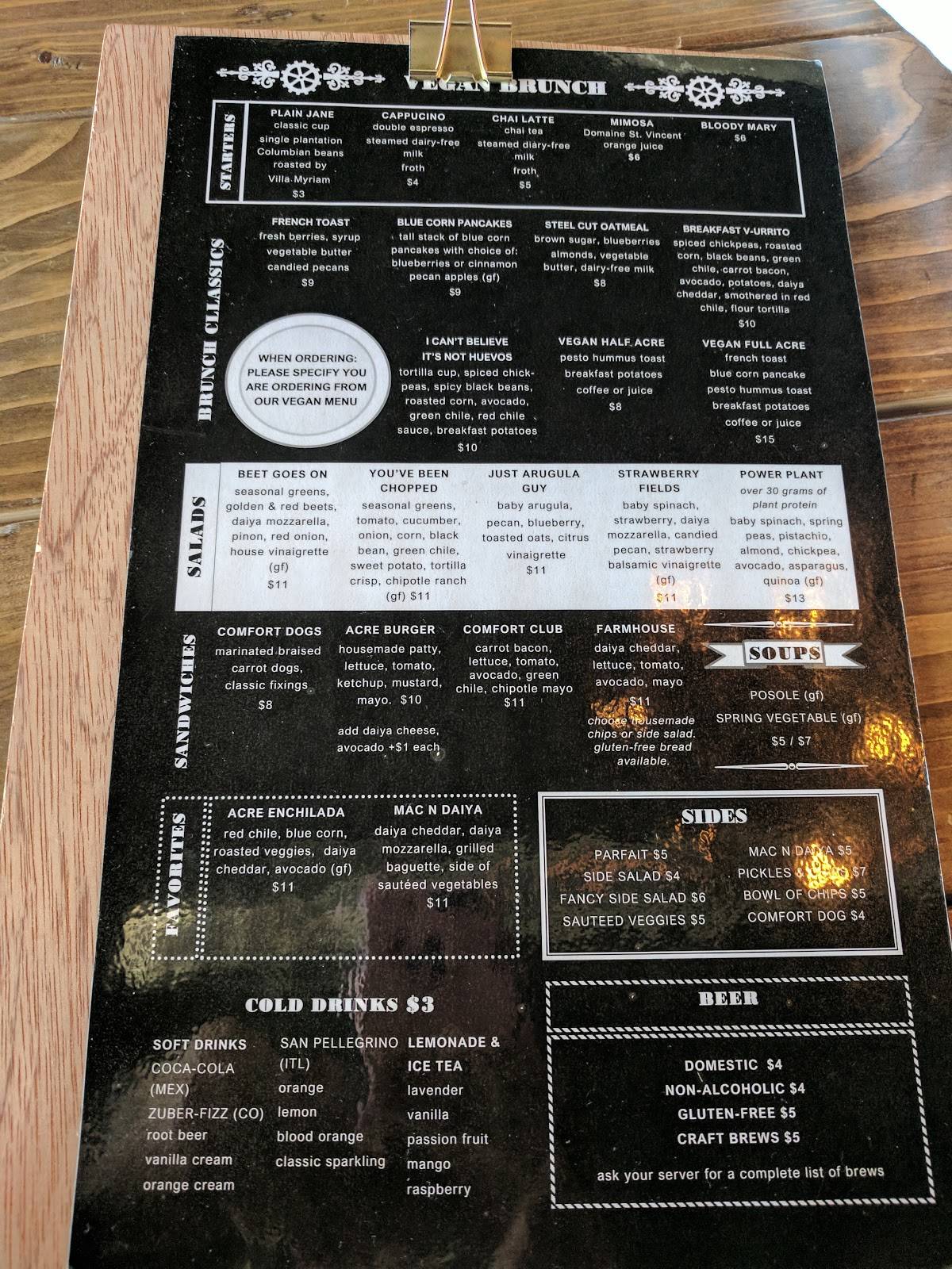 Menu at The Acre restaurant, Albuquerque
