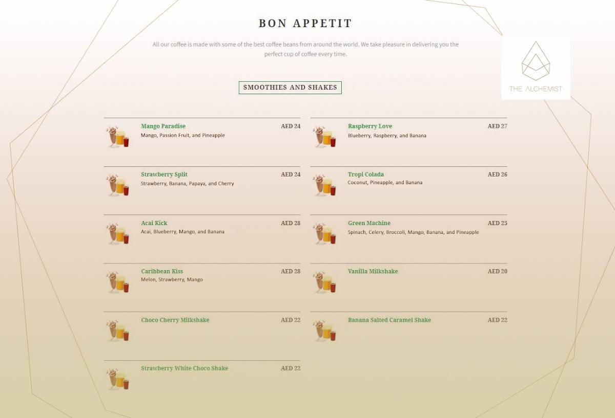 Carta de The Alchemist Coffee Hub Abu Dhabi, Abu Dabi