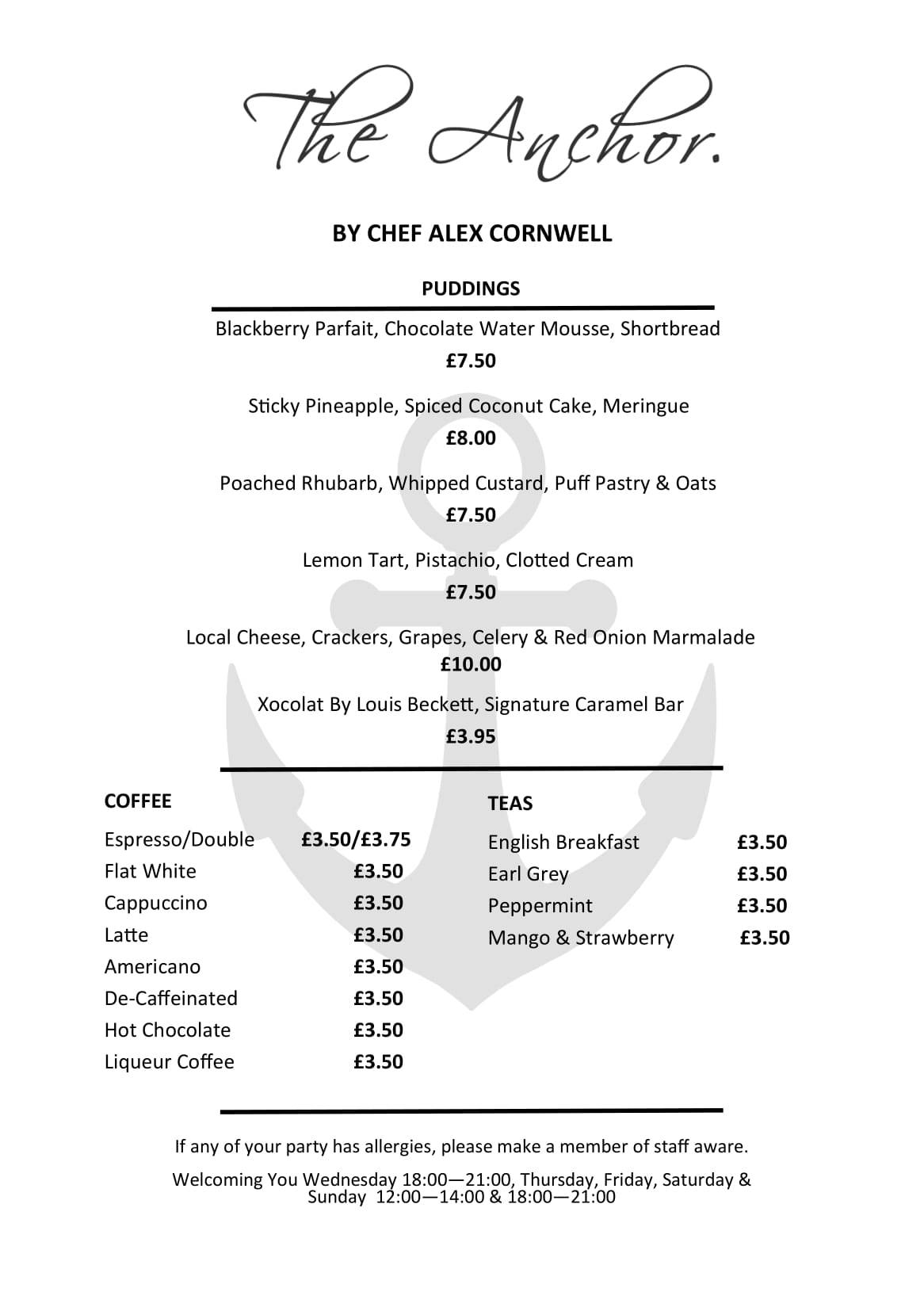 Menu at The Anchor pub & bar, Burwell, 63 North St