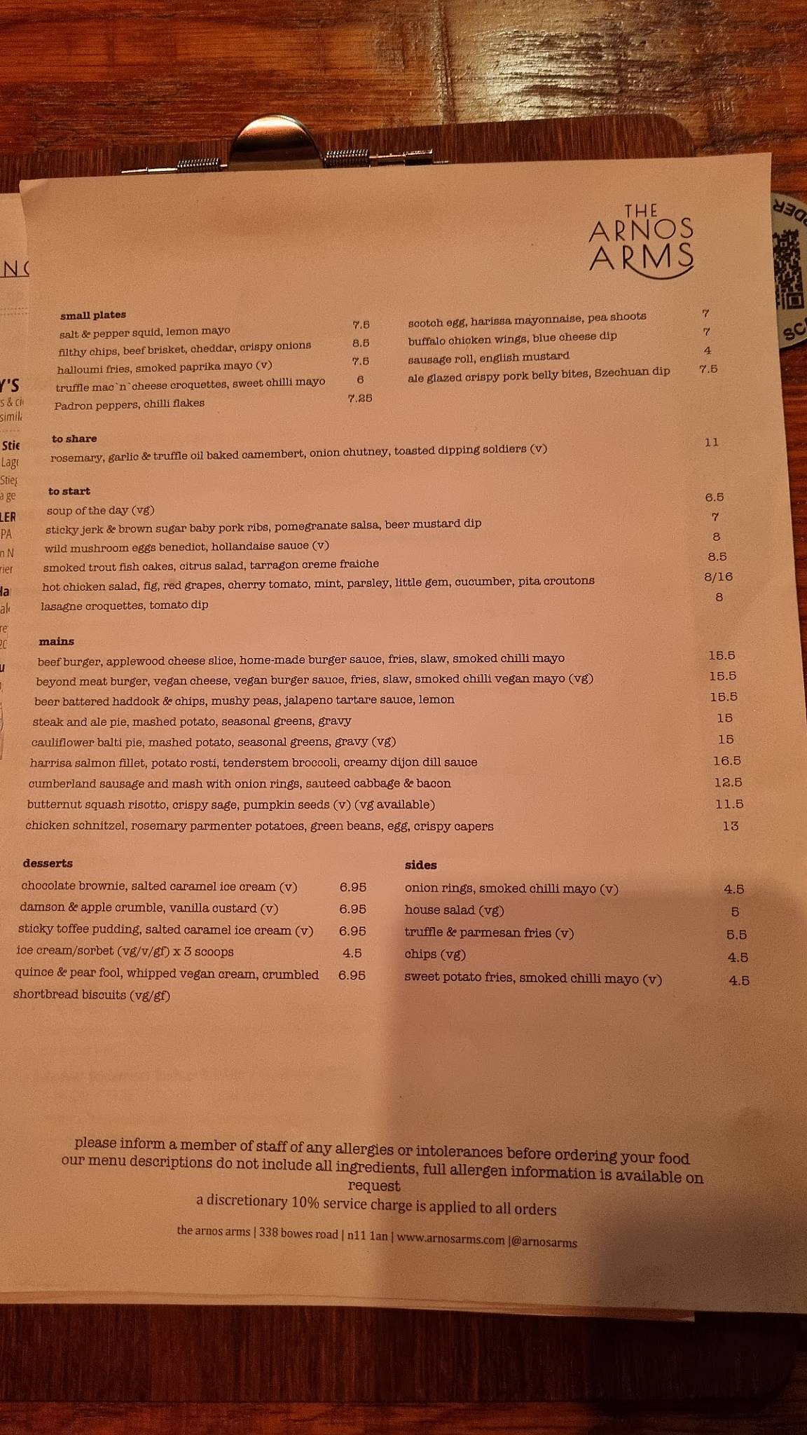 Menu at The Arnos Arms pub & bar, London, 338 Bowes Rd