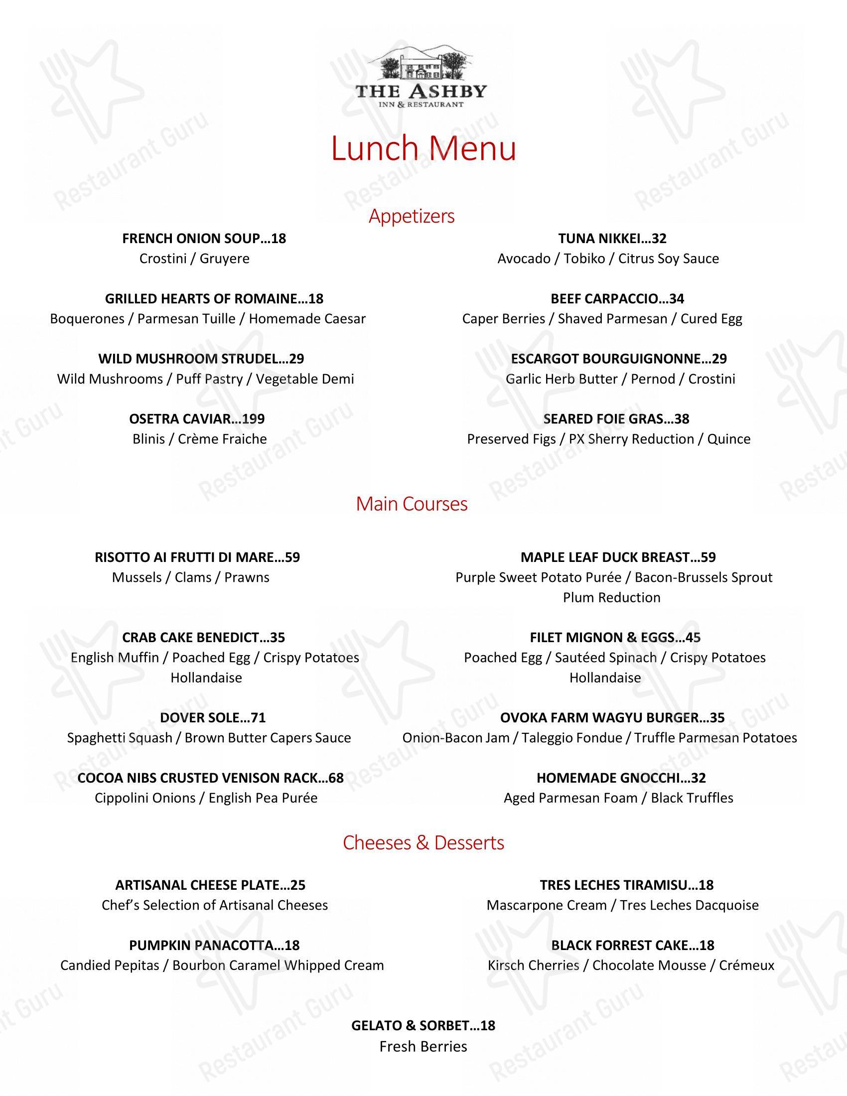 Menu at The Ashby Inn & Restaurant, Paris