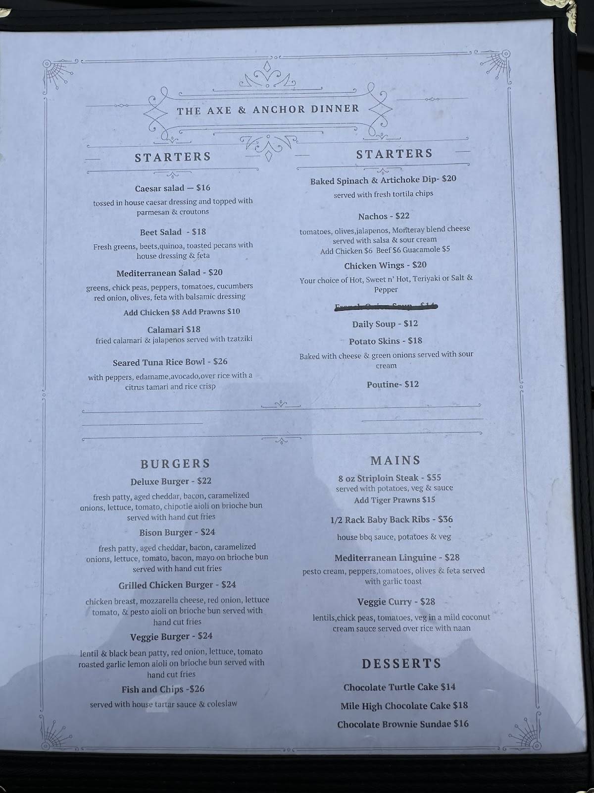Menu at The Axe and Anchor Pub, Port Clements