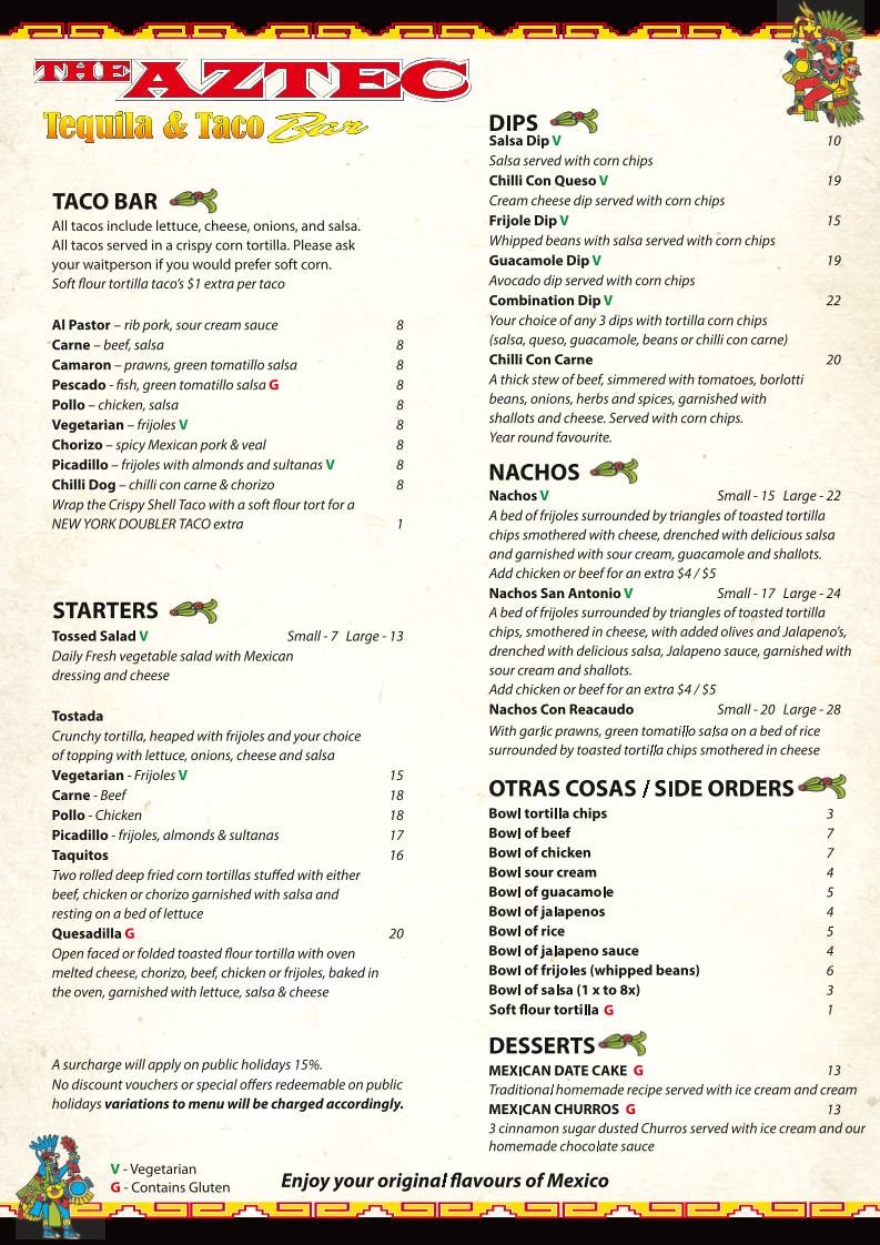 Menu at The Aztec Coolangatta restaurant, Coolangatta, 152 Griffith St