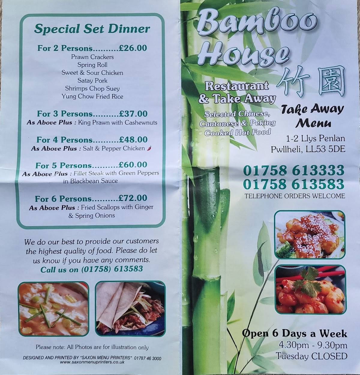 Menu at The Bamboo House fast food, Pwllheli, 1 Penlan St