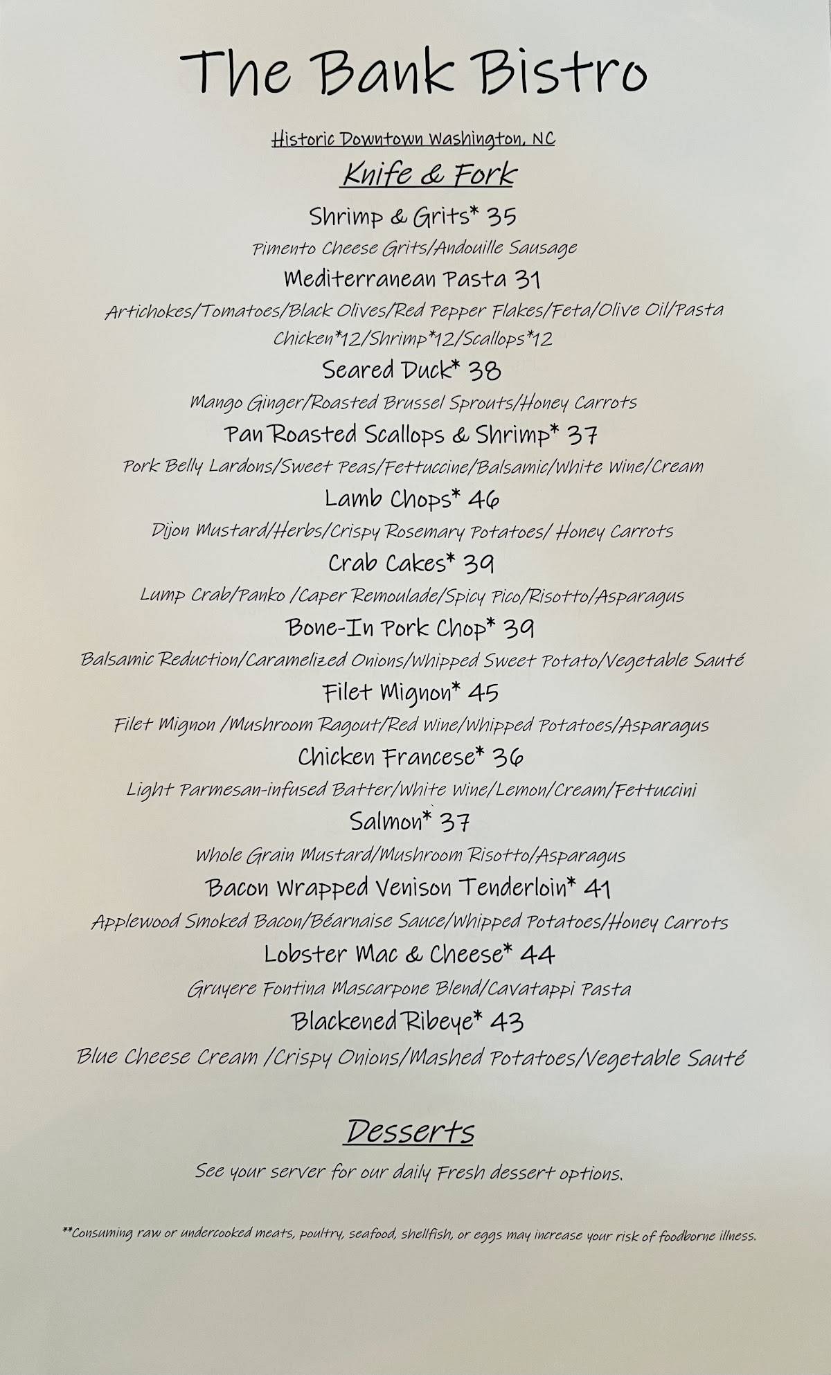 Menu at The Bank Bistro pub & bar, Washington