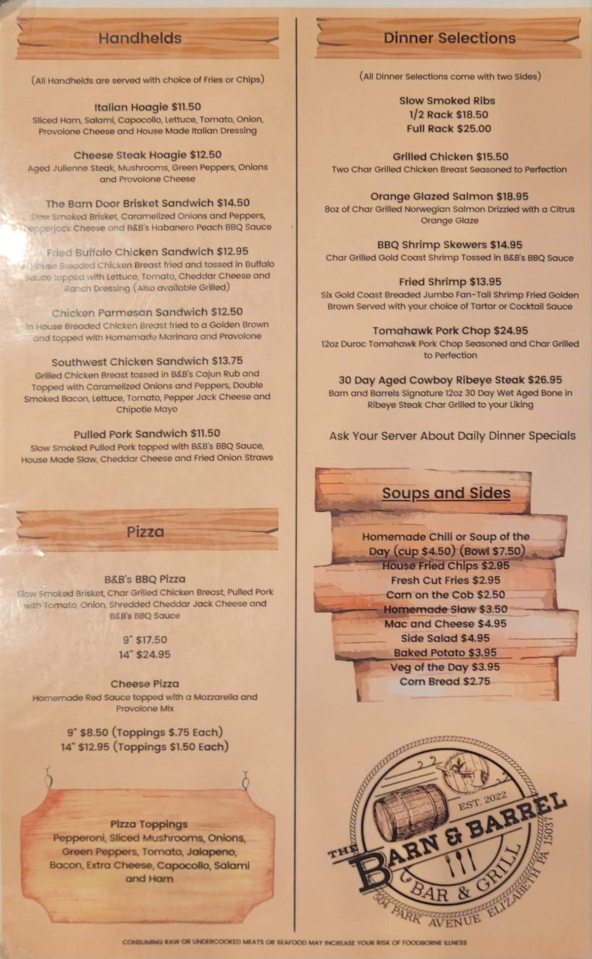 Menu at The Barn & Barrel Bar and Grill, Elizabeth
