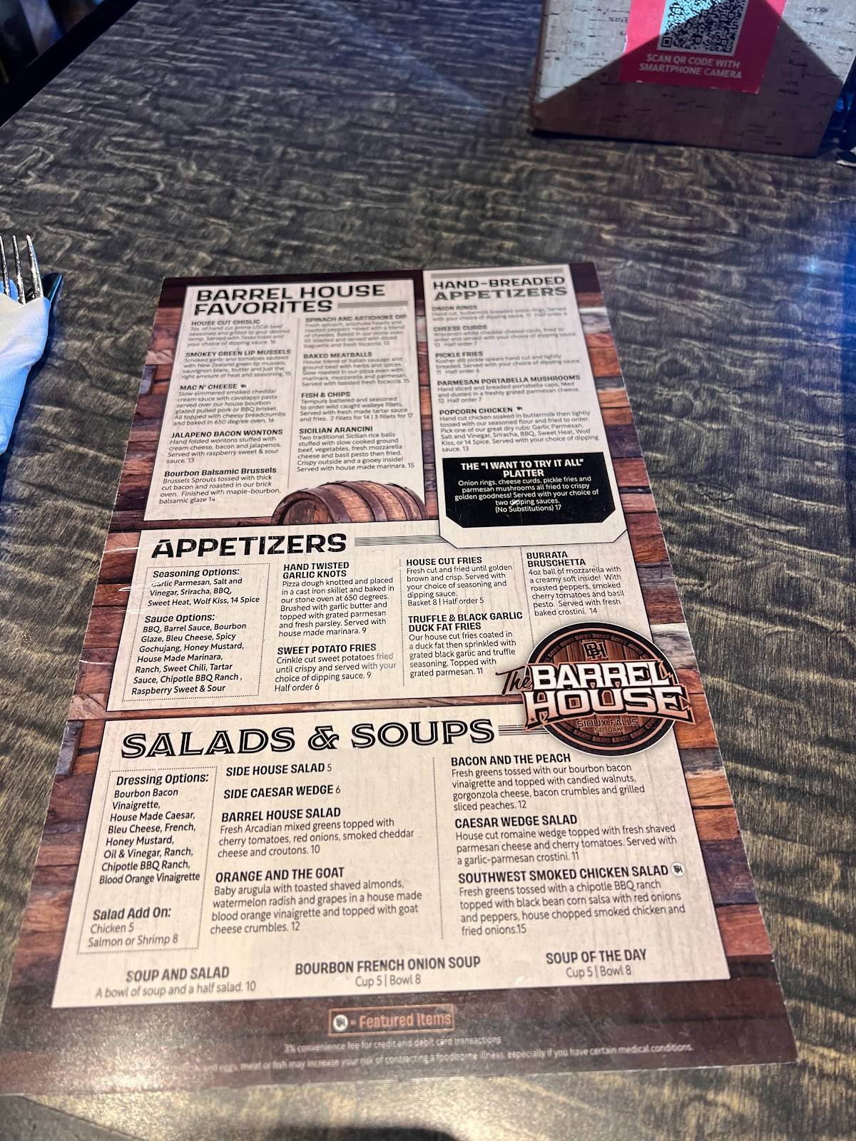 Menu at The Barrel House, Sioux Falls