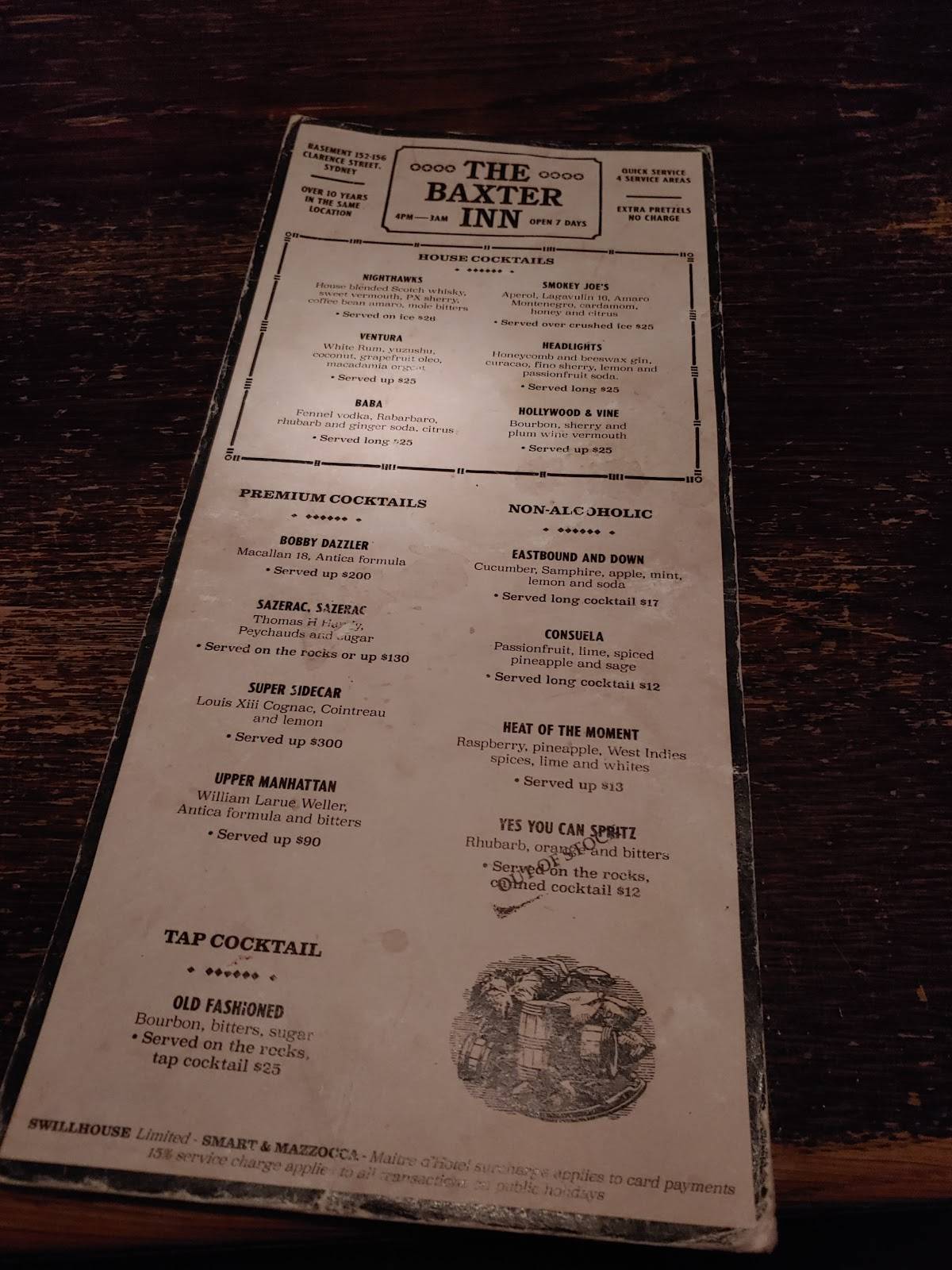 Menu at The Baxter Inn restaurant, Sydney, 152/156 Clarence St