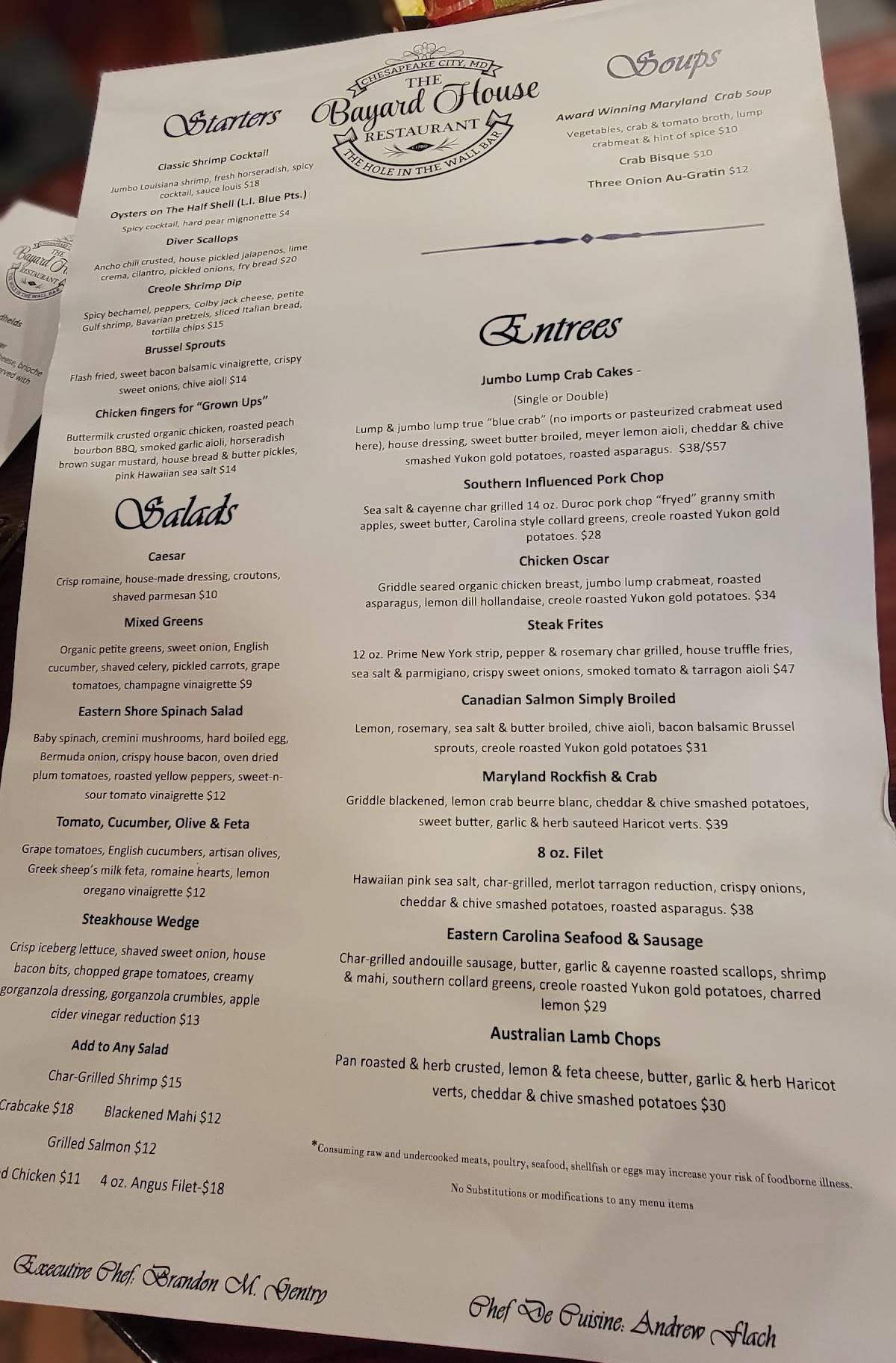 Menu at The Bayard House Restaurant, Chesapeake City
