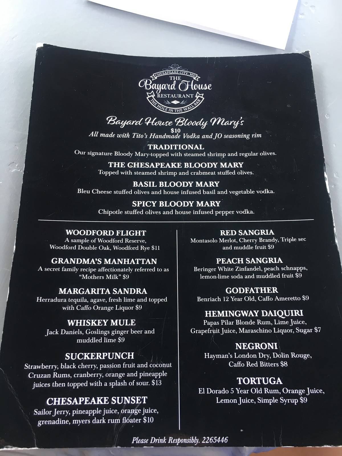 Menu at The Bayard House Restaurant, Chesapeake City