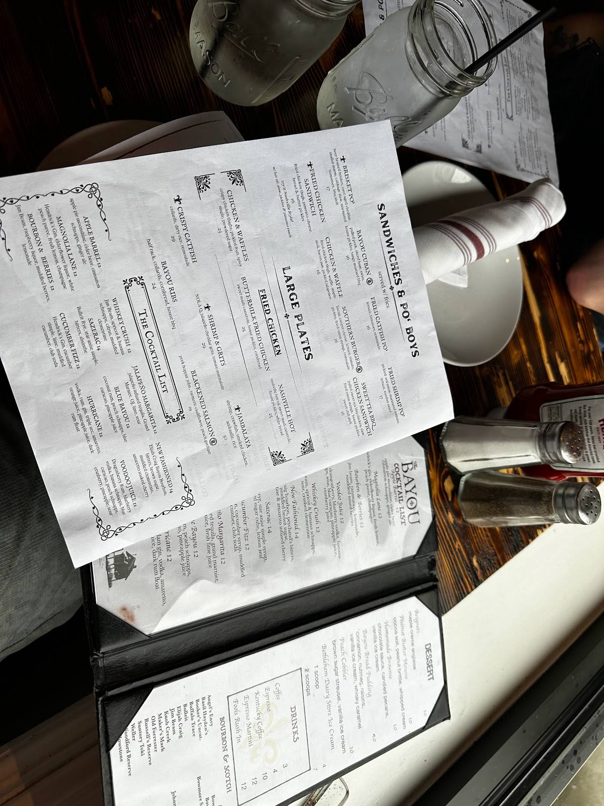 Menu at The Bayou restaurant, Bethlehem