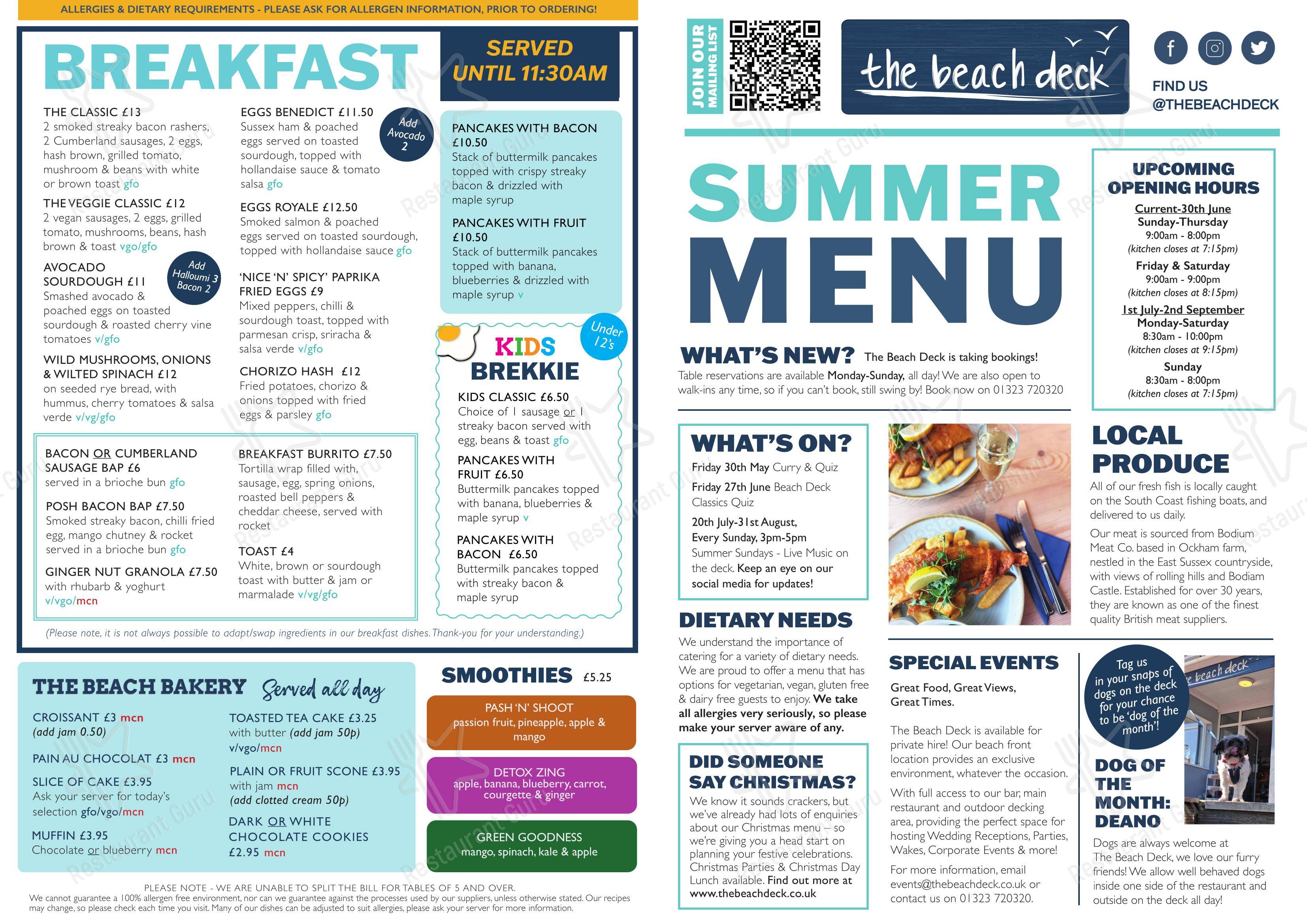 Menu at The Beach Deck cafe, Eastbourne