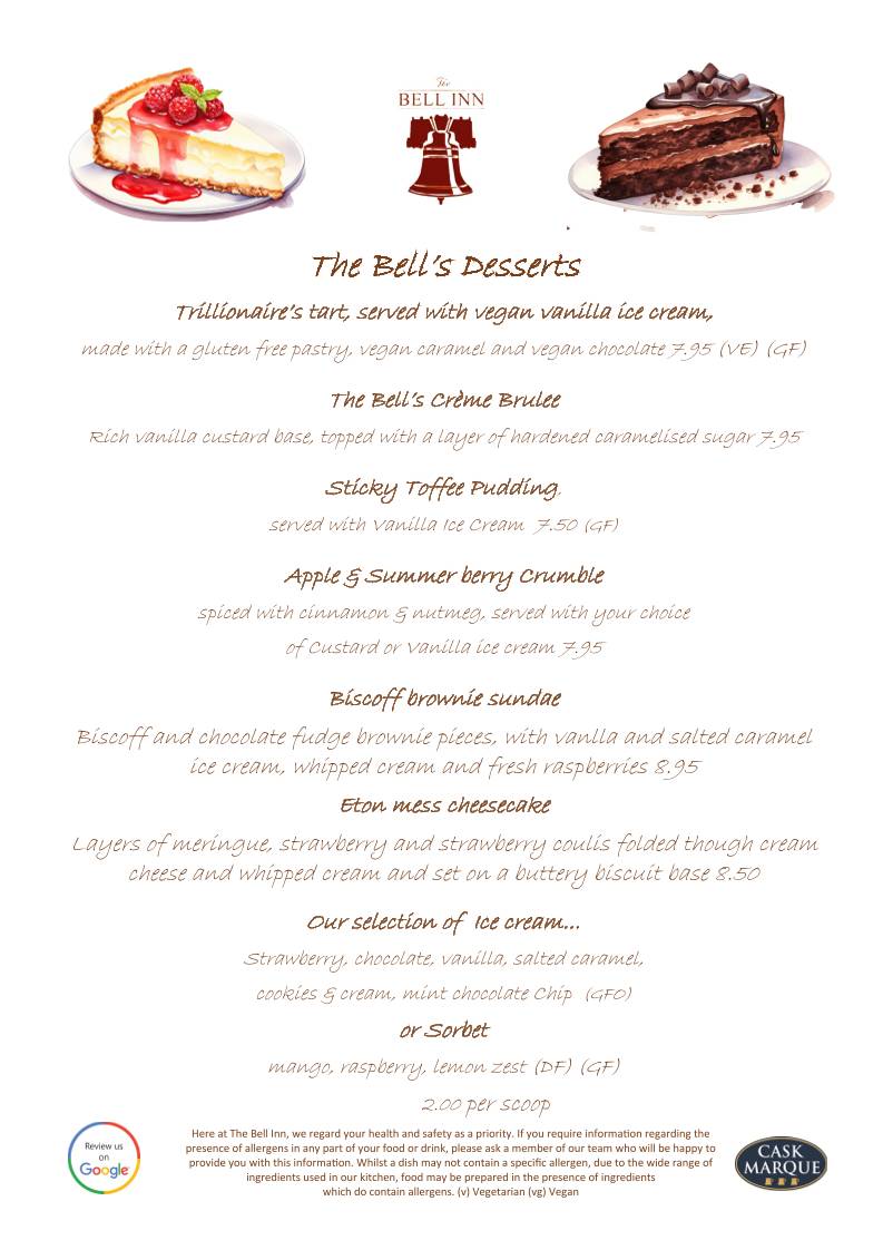 Menu at The Bell Inn, Outwood, Surrey. RH1 5PN restaurant, Outwood