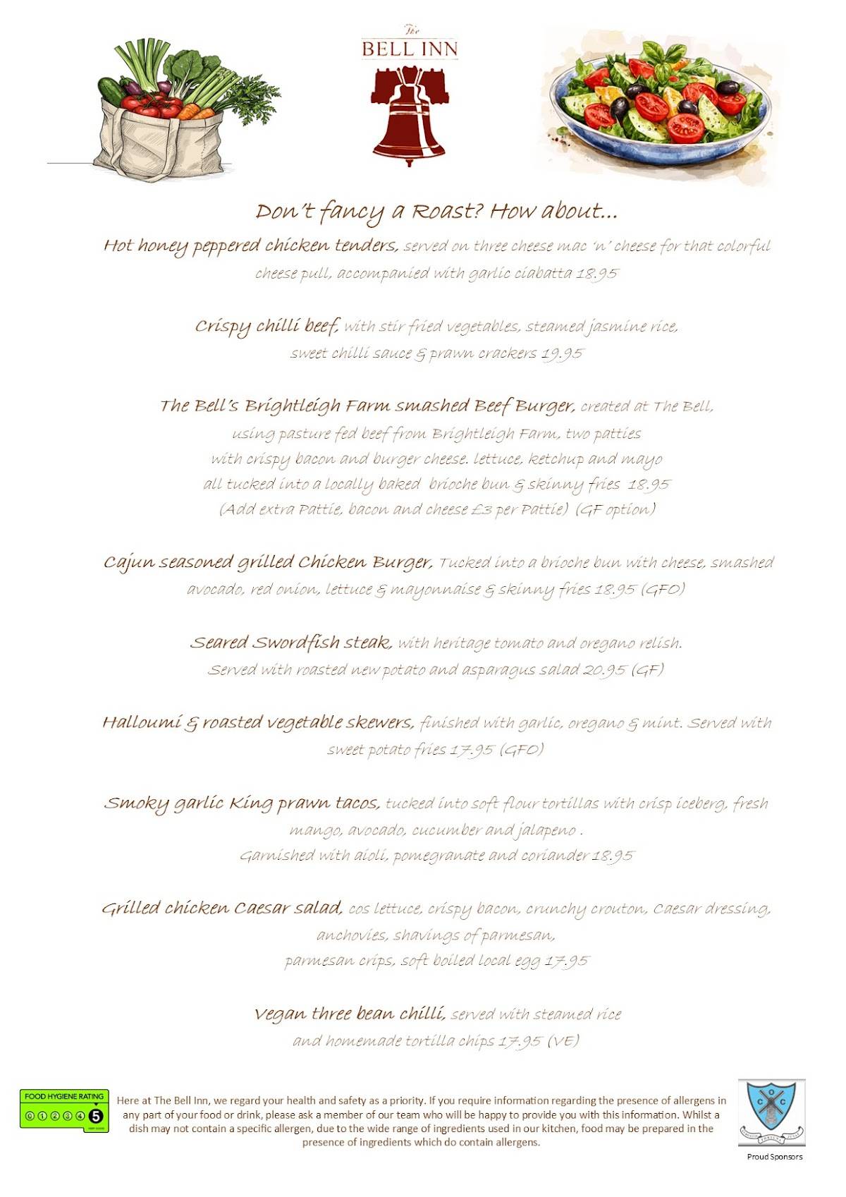 Menu at The Bell Inn, Outwood, Surrey. RH1 5PN restaurant, Outwood