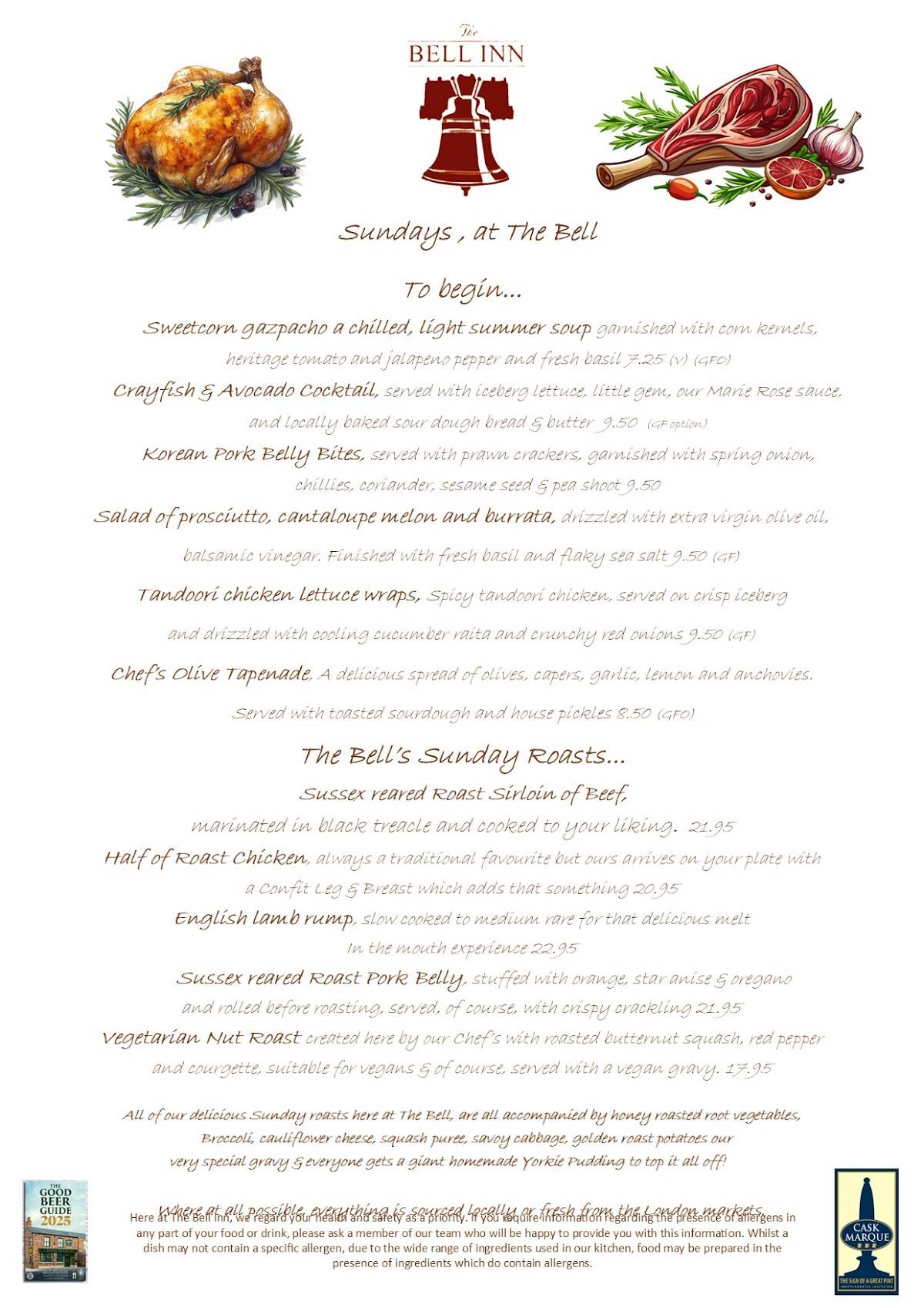 Menu at The Bell Inn, Outwood, Surrey. RH1 5PN restaurant, Outwood