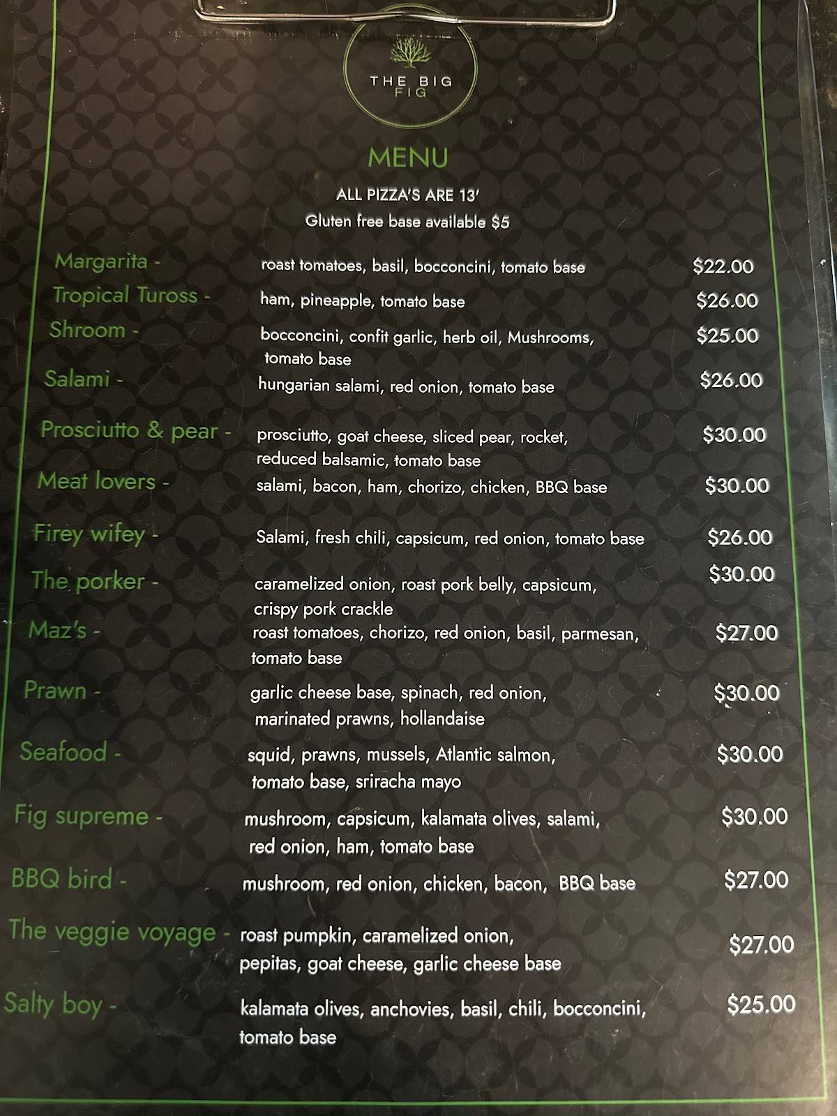 Menu at The Big Fig Tuross restaurant, Tuross Head