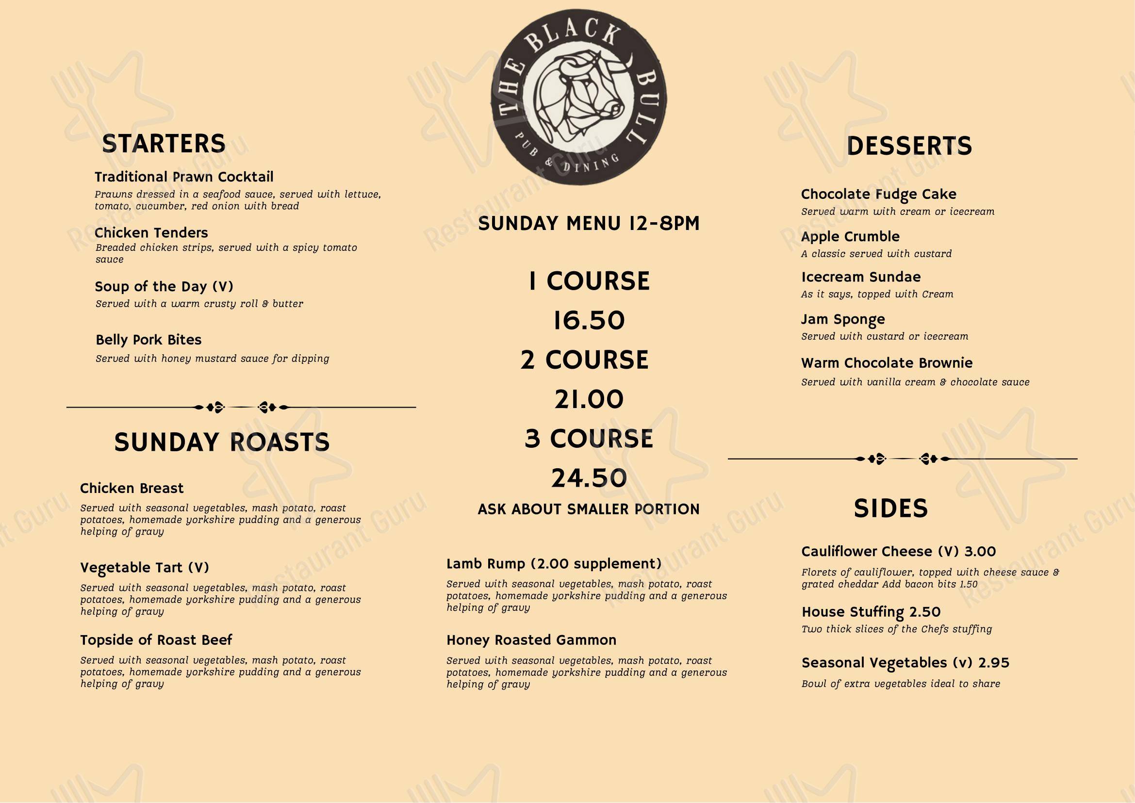 Menu at The Black Bull at Midgley restaurant, Wakefield
