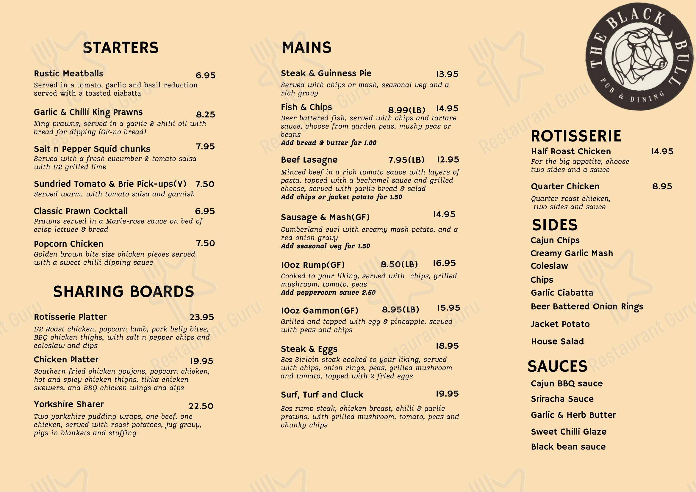 Menu at The Black Bull at Midgley restaurant, Wakefield