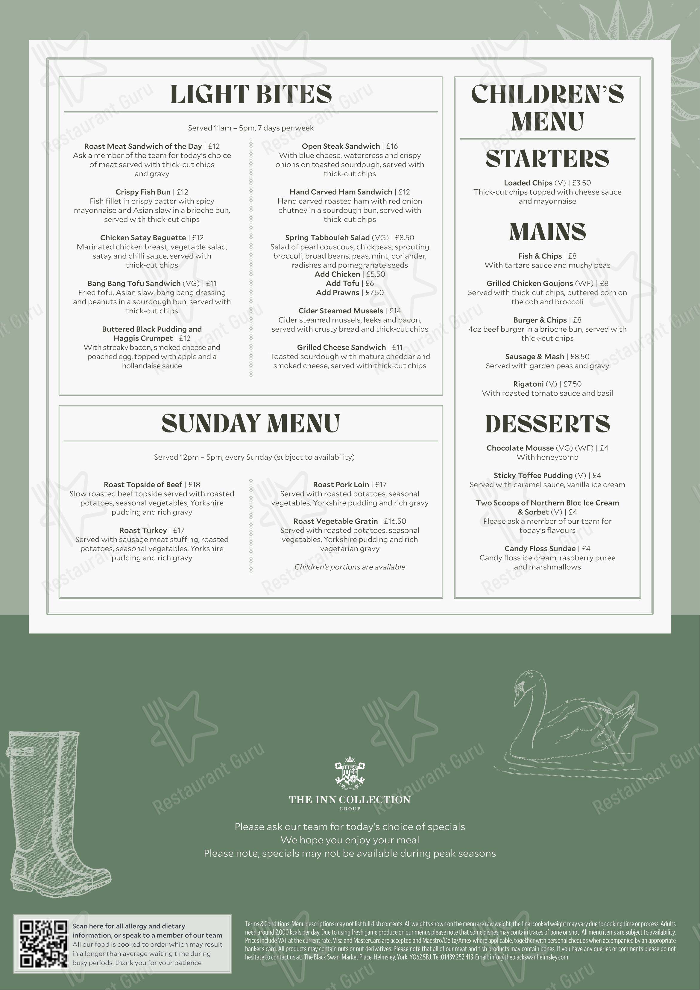 Menu at The Black Swan restaurant, Helmsley, Market Place