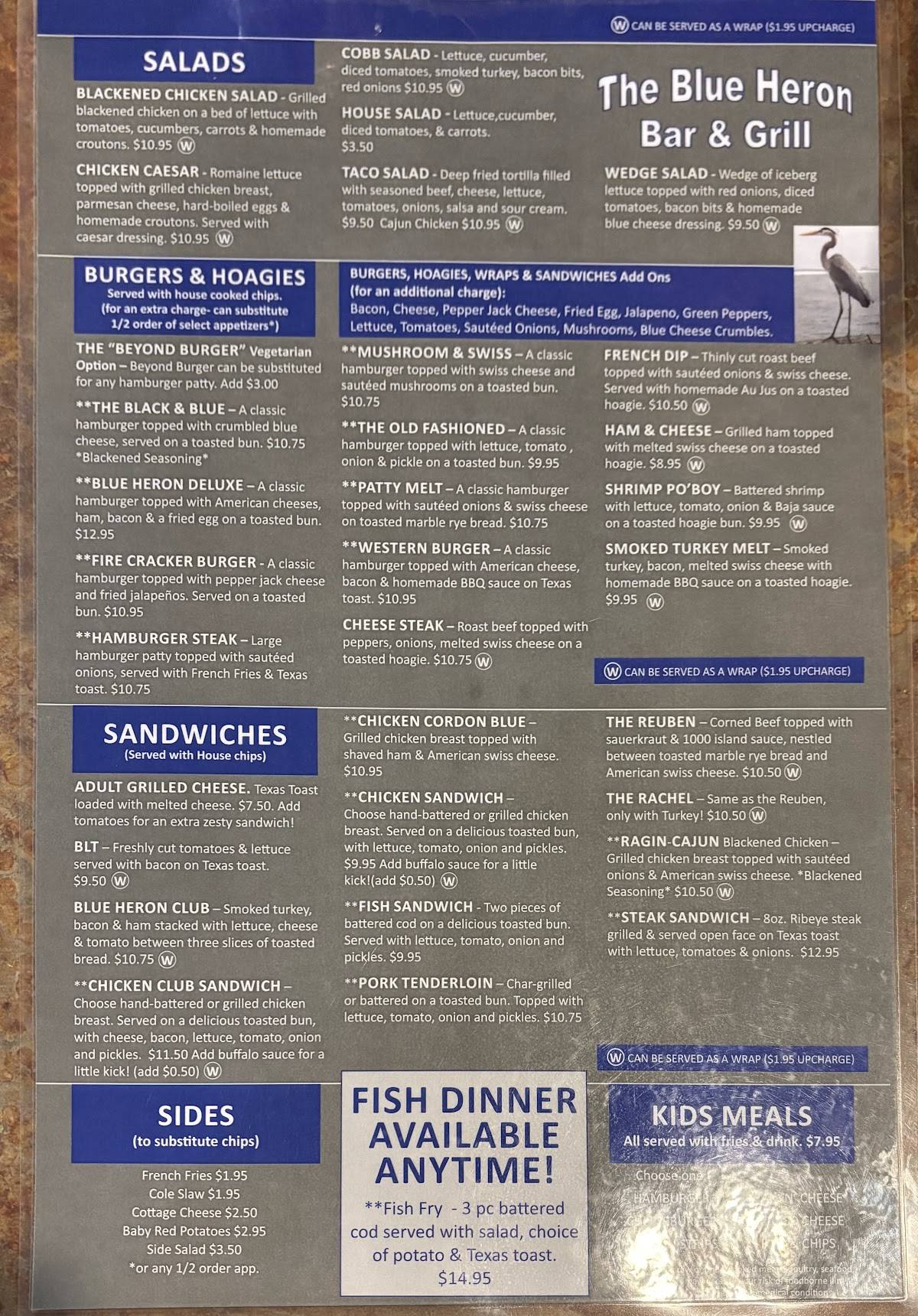 Menu at The Blue Heron pub & bar, Mason City