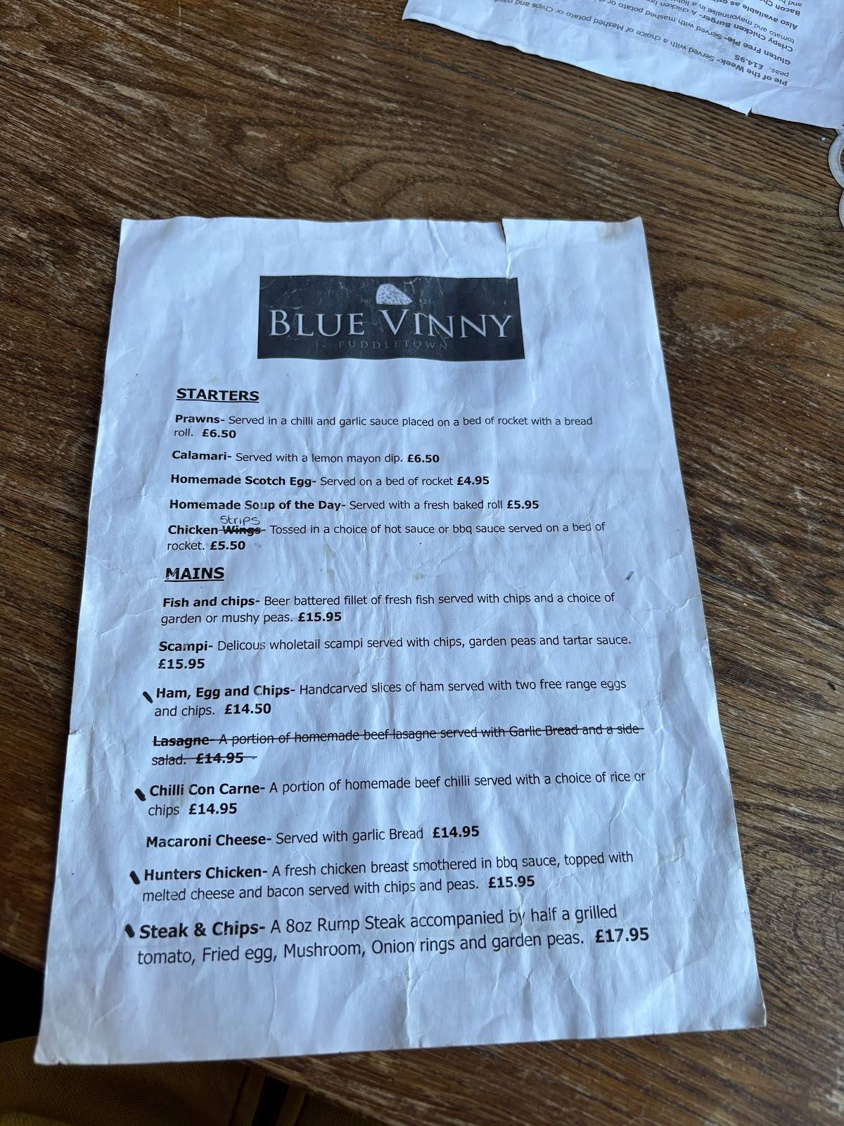Menu at The Blue Vinny pub & bar, Puddletown