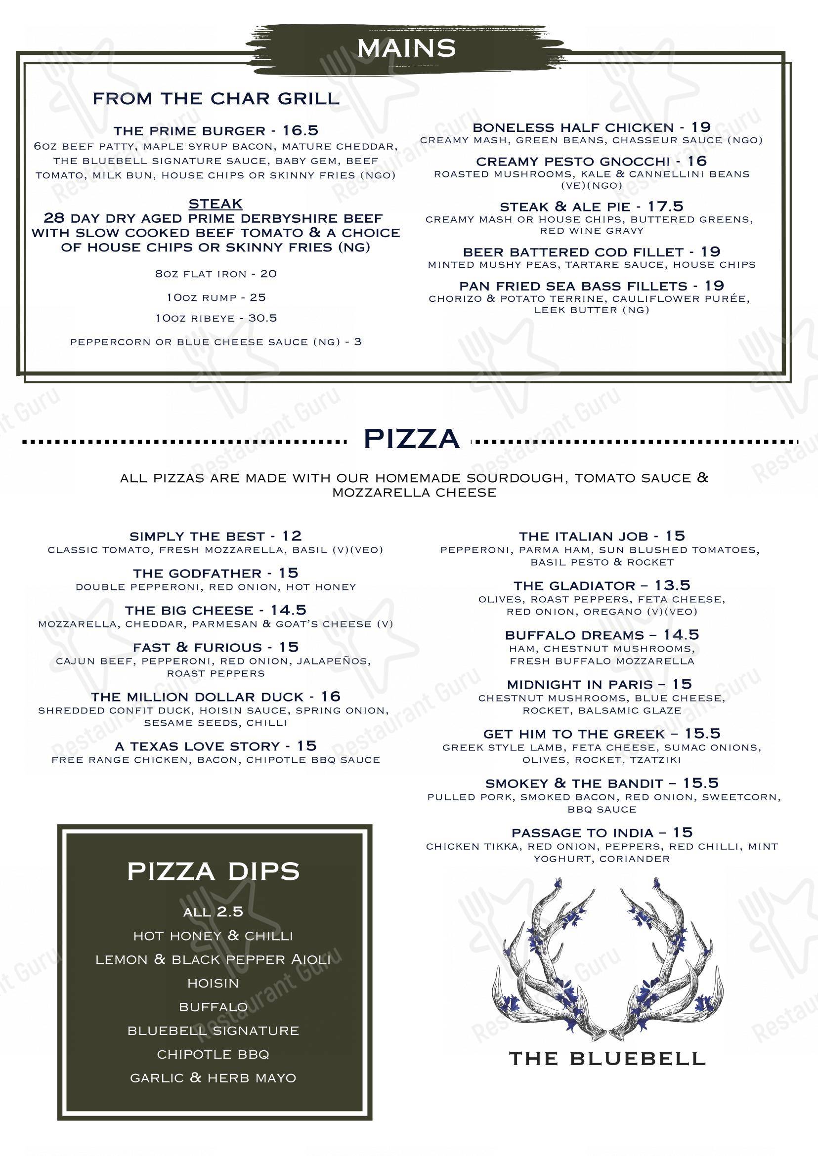 Menu at The Bluebell Inn pub & bar, Kirk Langley, Adam's Rd