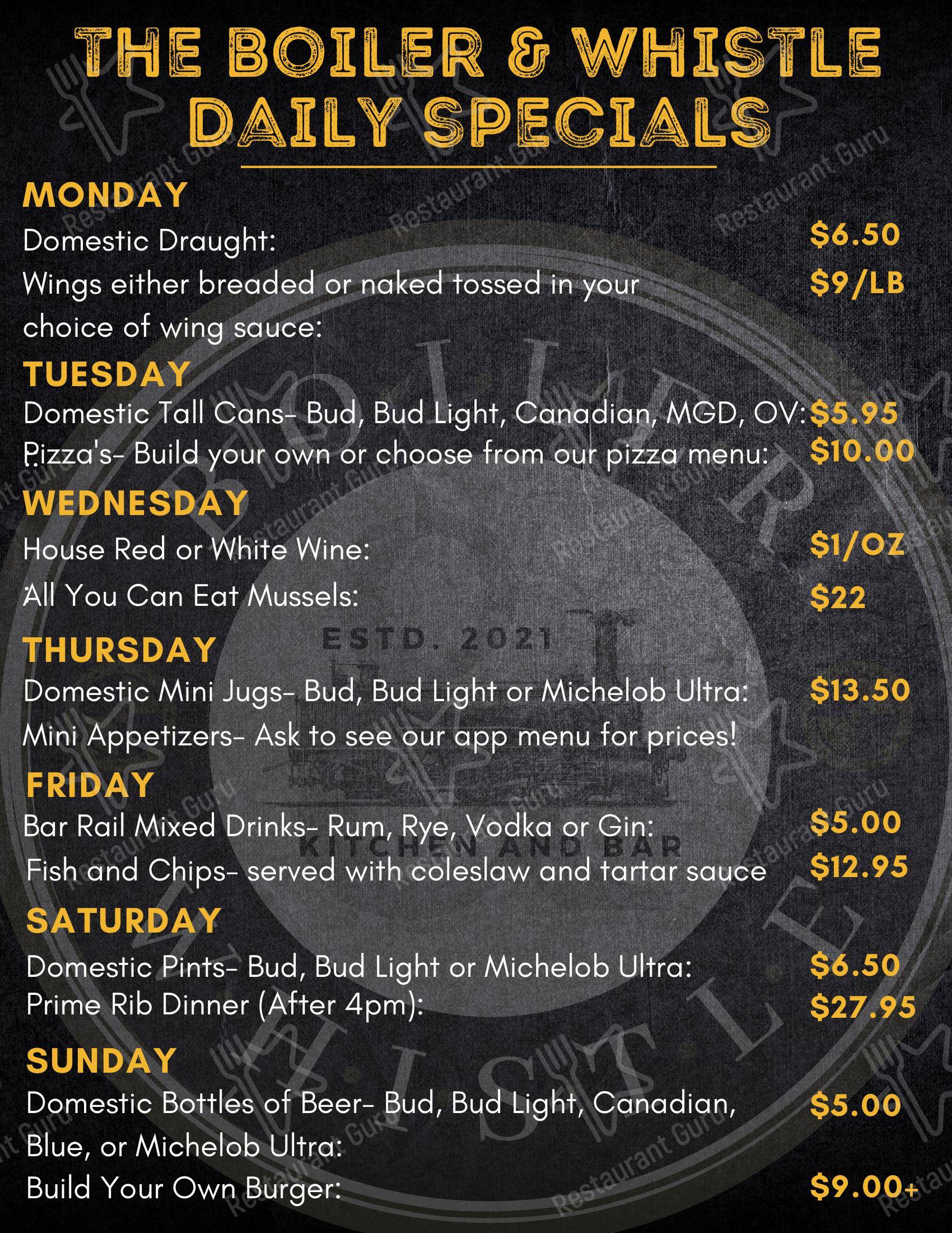 Menu at The Boiler & Whistle restaurant, Hamilton
