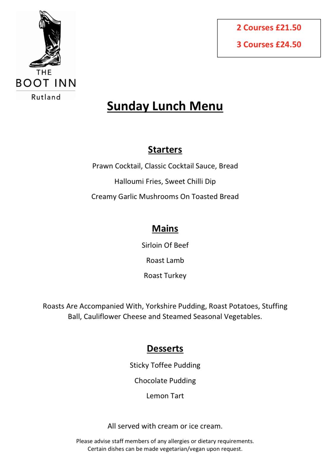 Menu at The Boot Inn pub & bar, North Luffenham, 10 The St