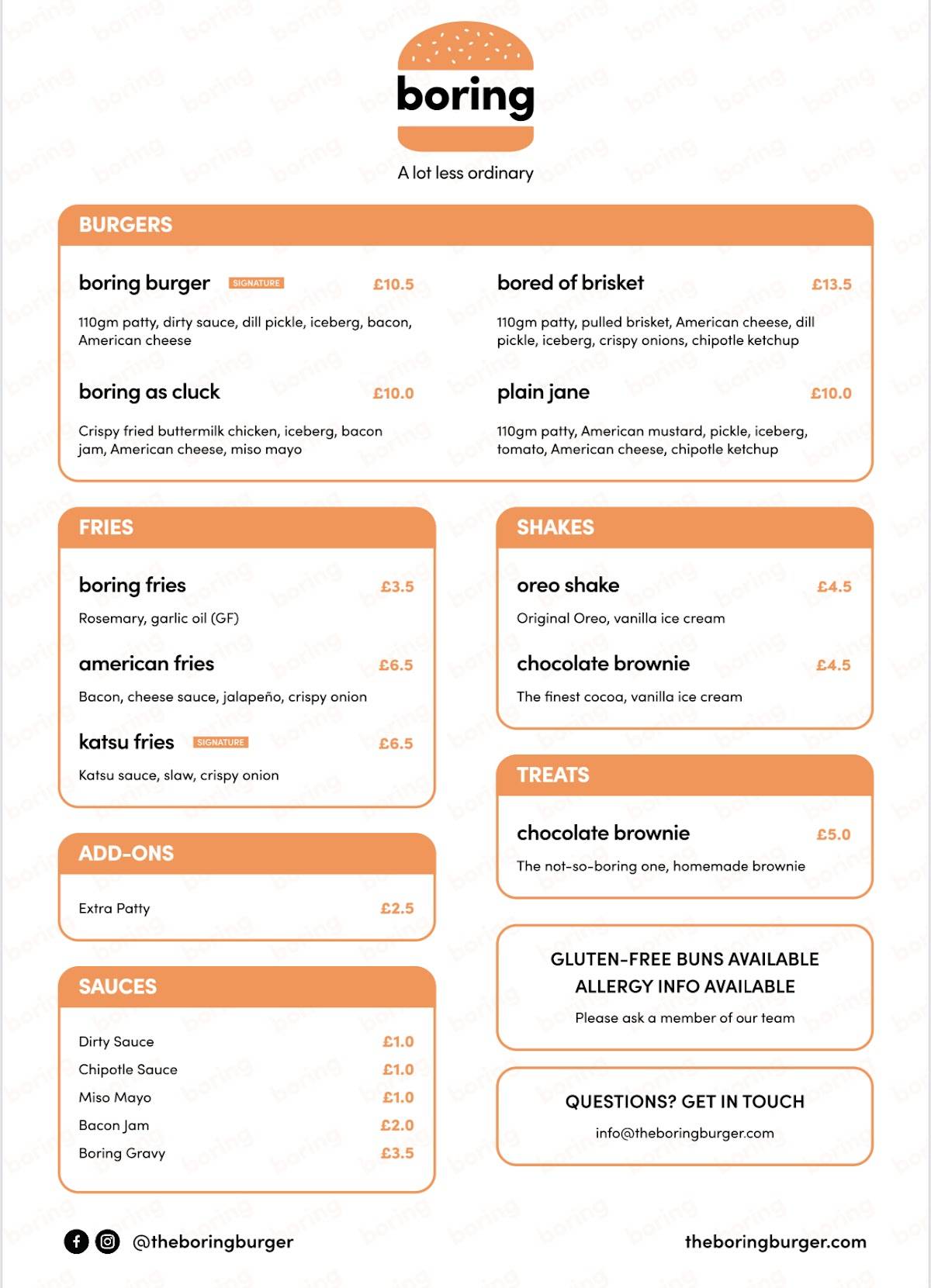 Menu at The Boring burger restaurant, Guildford